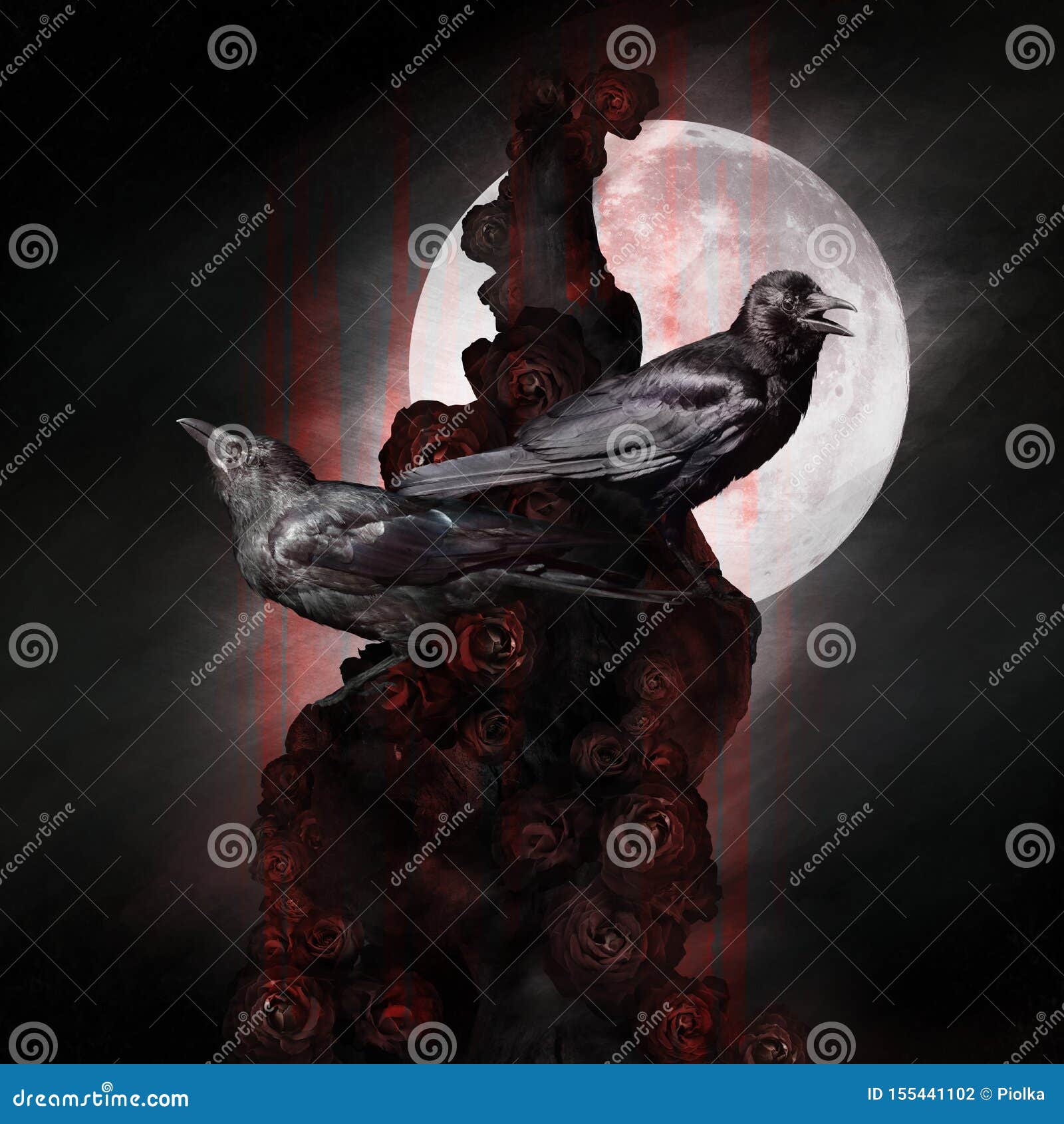 Two Crows, Ravens Sitting On A Dead Tree With Roses, Dark, Gothic ...