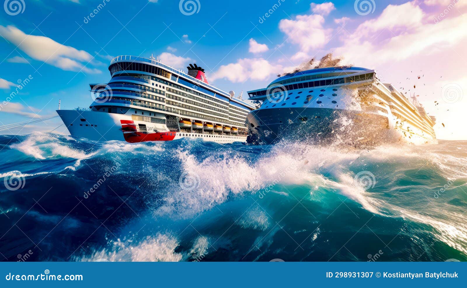 Two Cruise Ships in the Middle of the Ocean with Wave in Front of Them ...