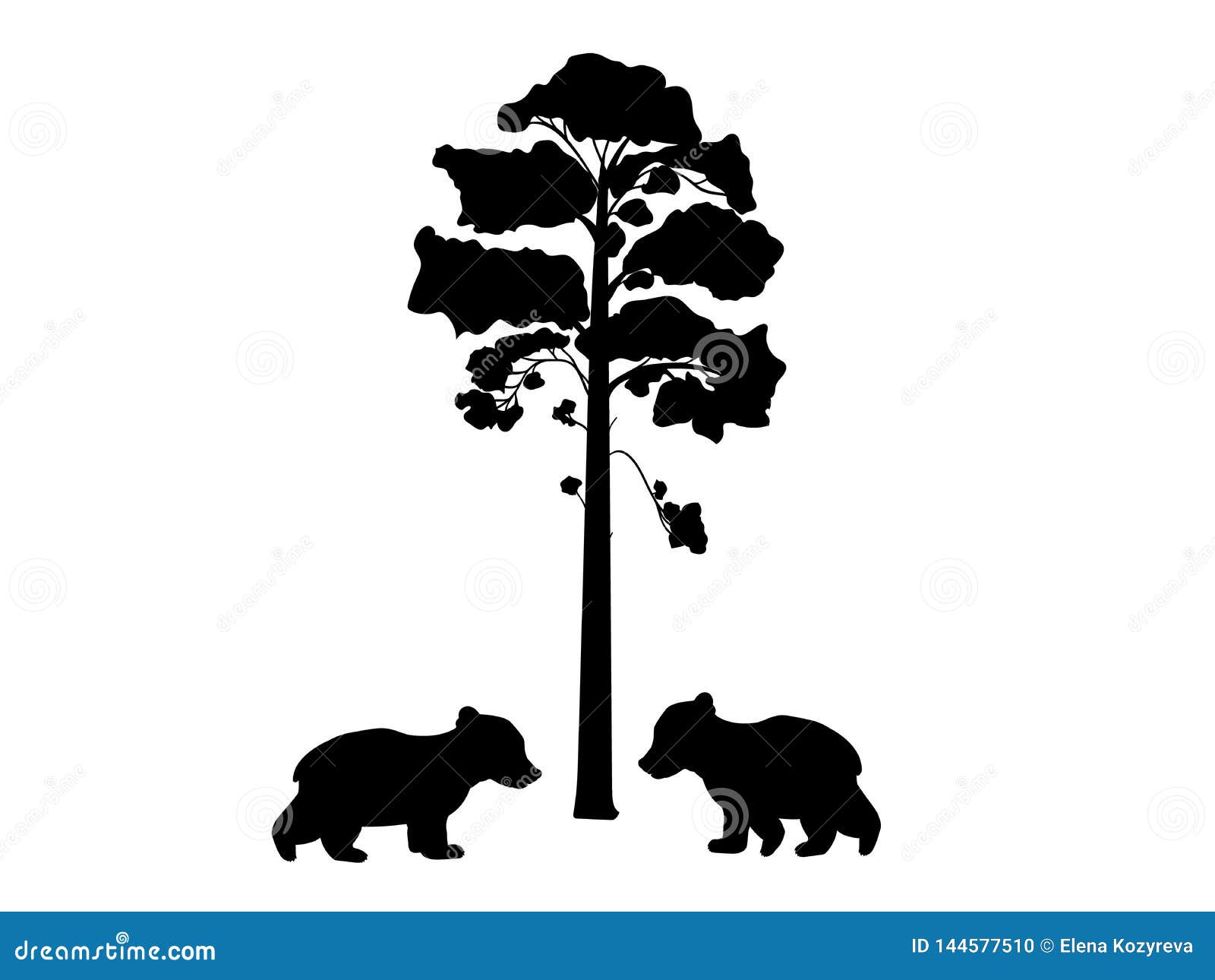 Two Cub Bears Near Tree Silhouette Animal Stock Vector - Illustration ...