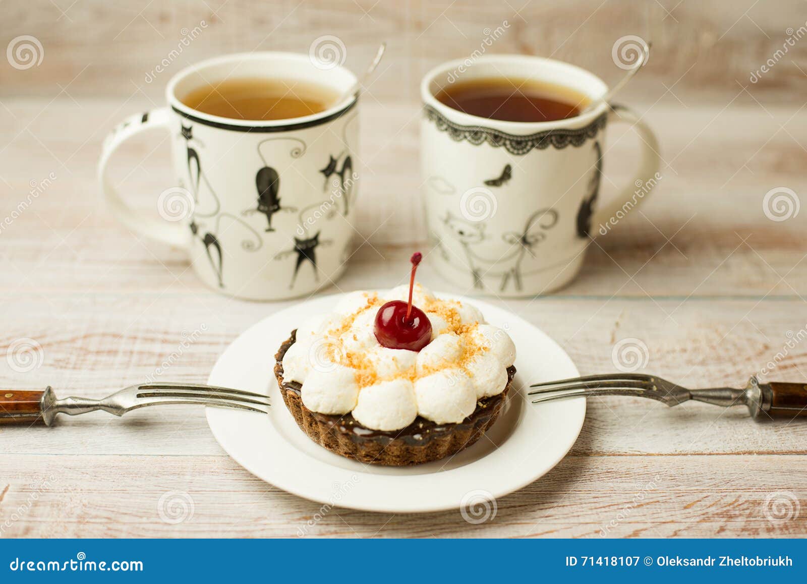 Two Cup of Tea and Cake on the Table Stock Image - Image of morn ...
