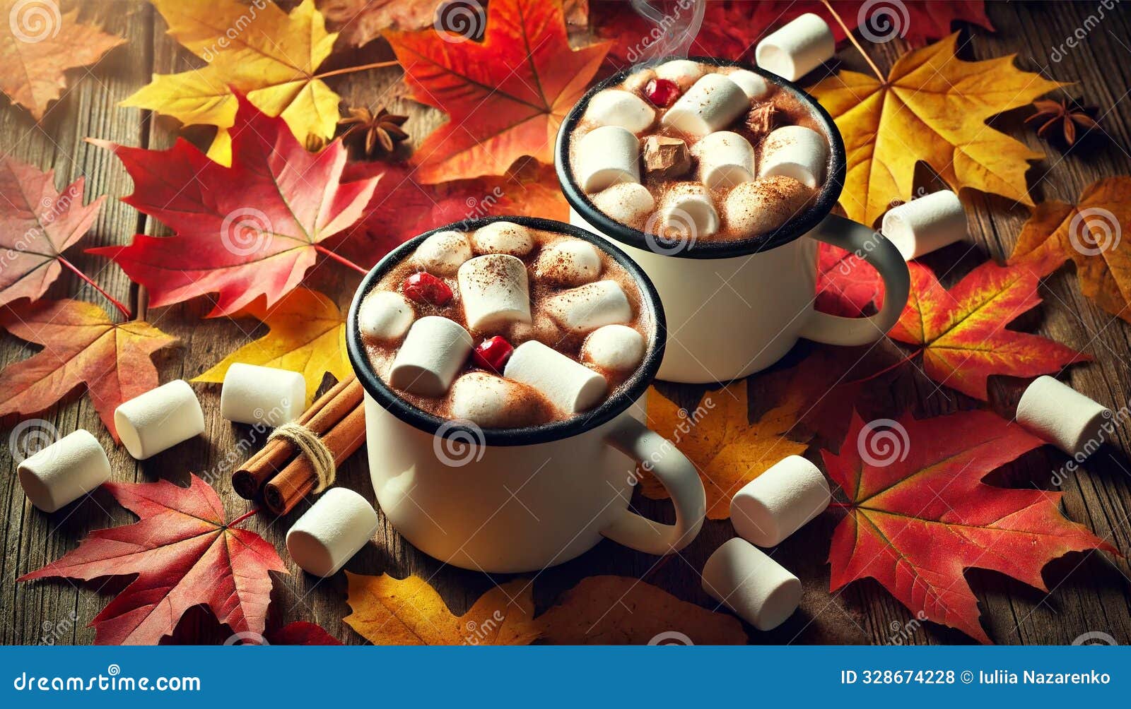 Two Cups of Cocoa and Marshmallow Stands Amidst the Fall Foliage. AI ...