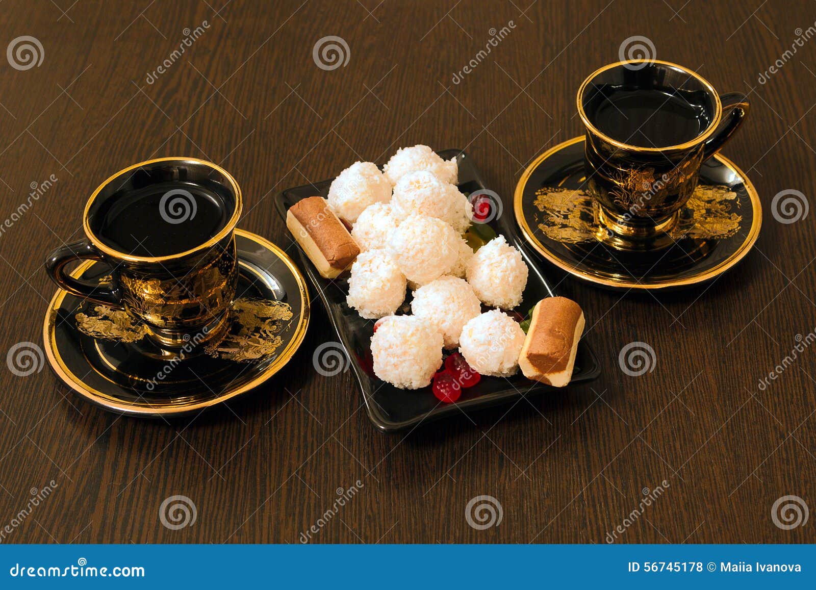 Two Cups of Coffee and a Plate of Sweets Stock Photo - Image of dark ...