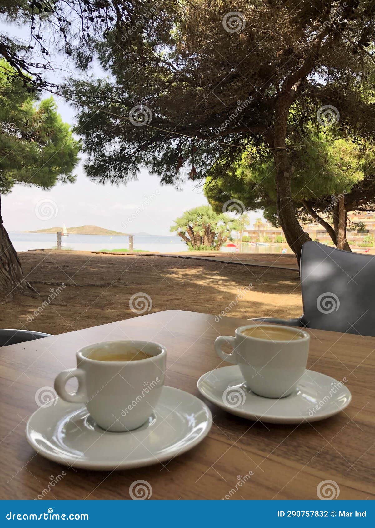 Two Cups of Coffee on Table with Seaview Stock Photo - Image of pines ...
