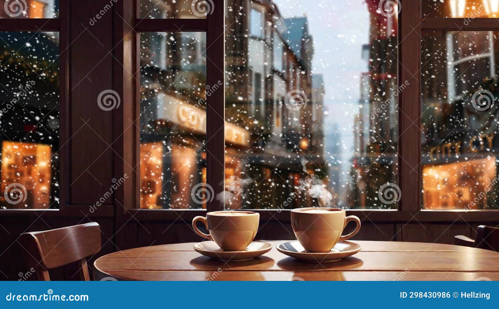 Two Cups of Coffee on a Wooden Table in a Winter Cafe Setting, Snow ...