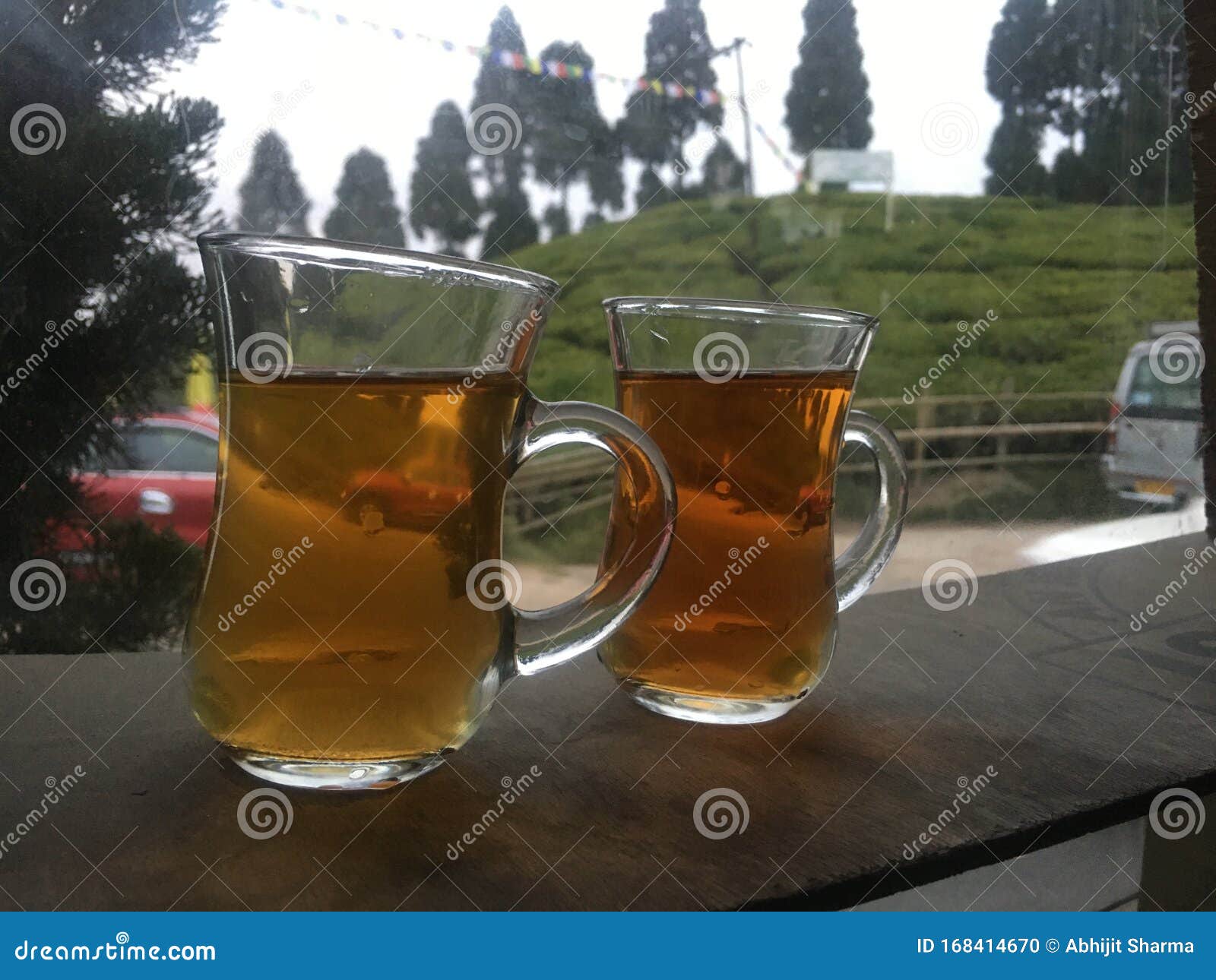 Two Cups of Green Tea with Tea Plantation Stock Photo - Image of trees ...
