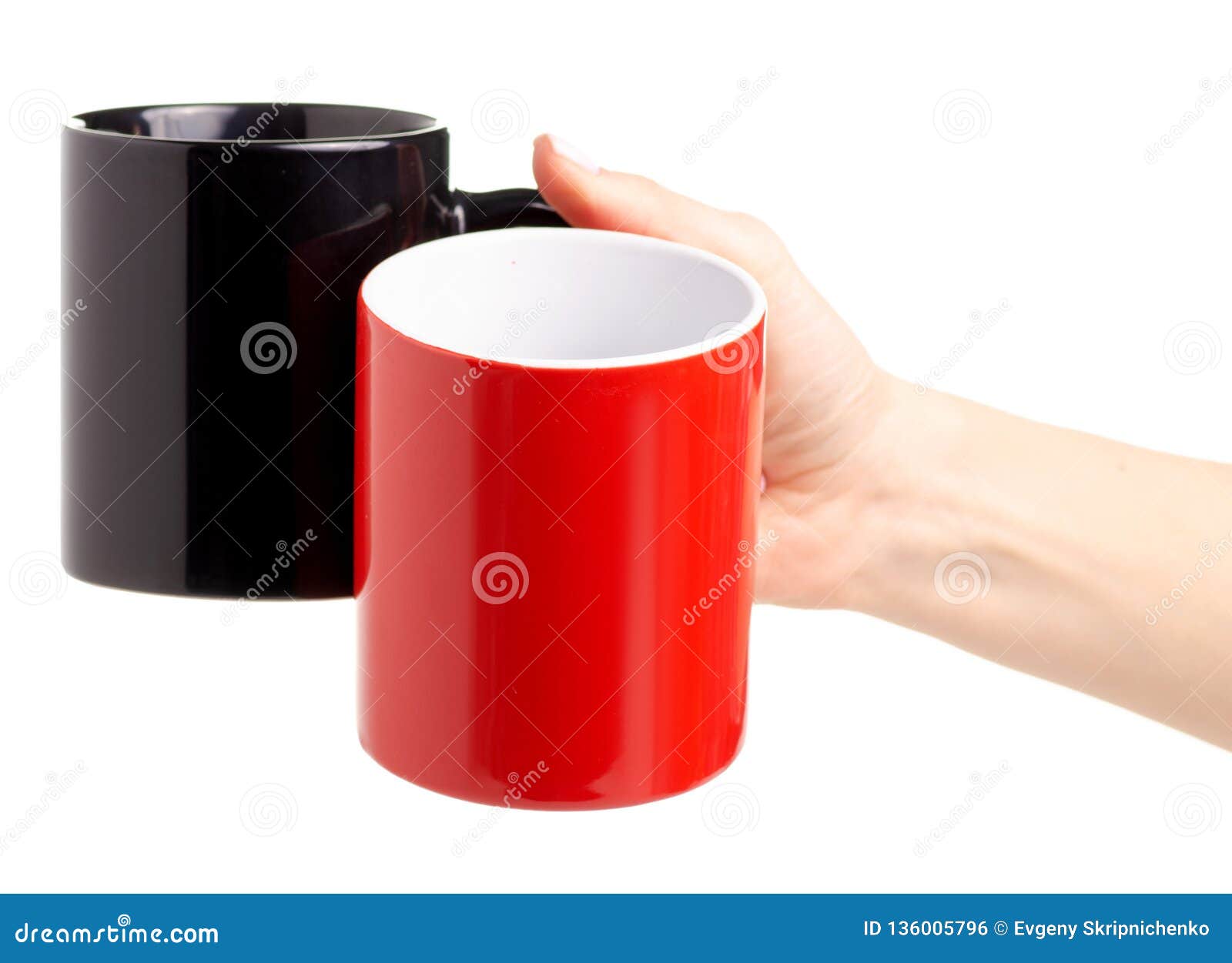 Two Cups Mug Red Black in Hand Stock Photo - Image of beverage, bright ...