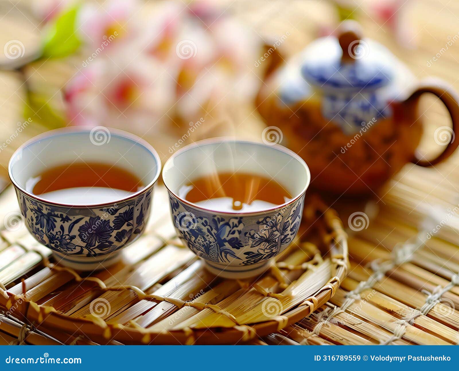 Two Cups of Tea on a Bamboo Tray Stock Image - Image of porcelain ...