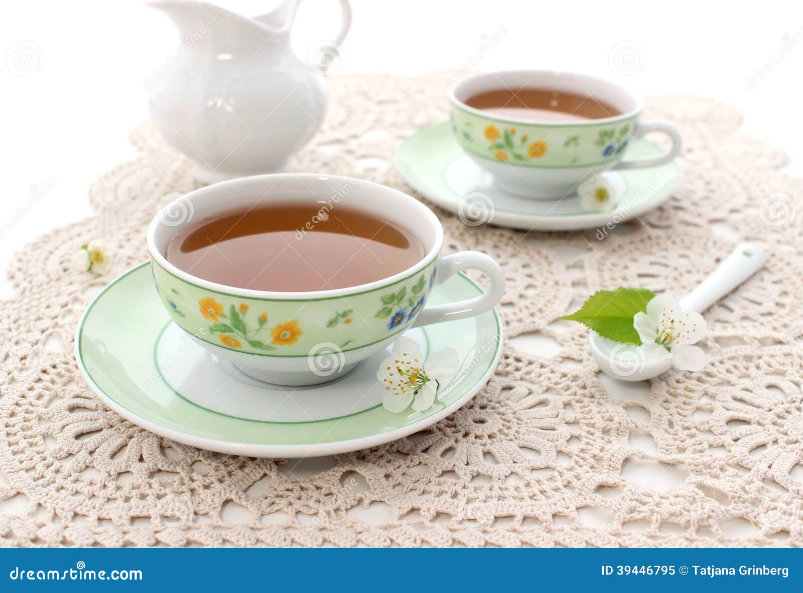 Two Cups of Tea on Beautiful Napkin Stock Image - Image of closeup ...