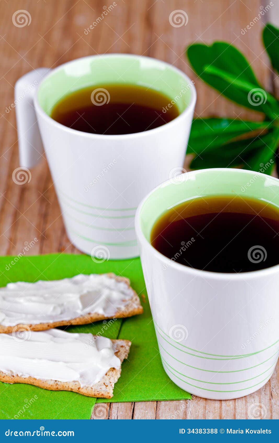 Two Cups of Tea and Crackers with Cream Cheese Stock Photo - Image of ...