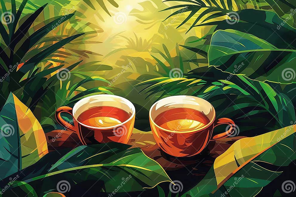 Two Cups of Tea in a Lush Jungle Setting Stock Illustration ...