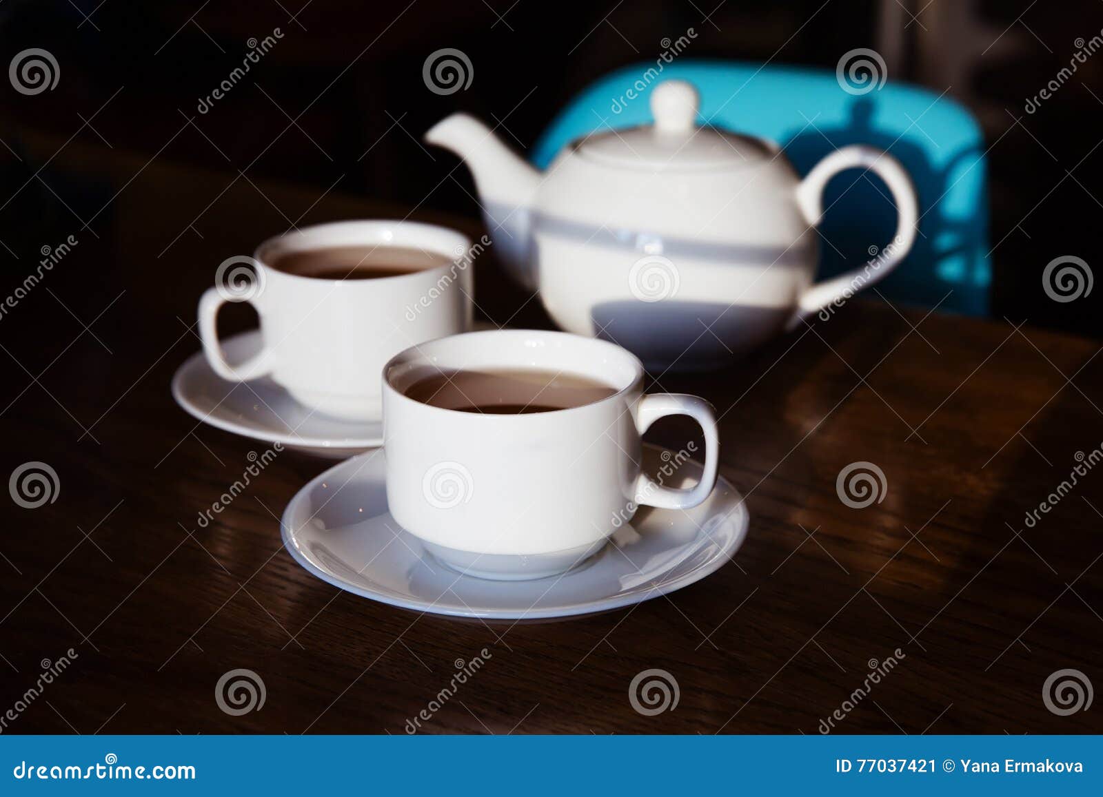 Two Cups of Tea and Teapot on the Table Stock Image - Image of table ...