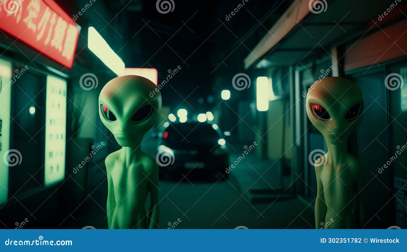 Two Curious Green Aliens Lost in Japan, AI-generated. Stock ...