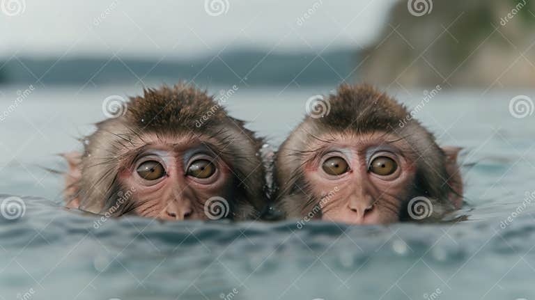 Two Curious Snow Monkeys in Hot Spring Stock Illustration ...