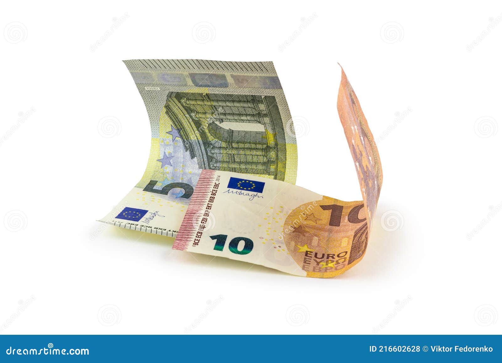 Two Curved 5 and 10 Euro Banknotes Isolated on White with Light Shadow ...