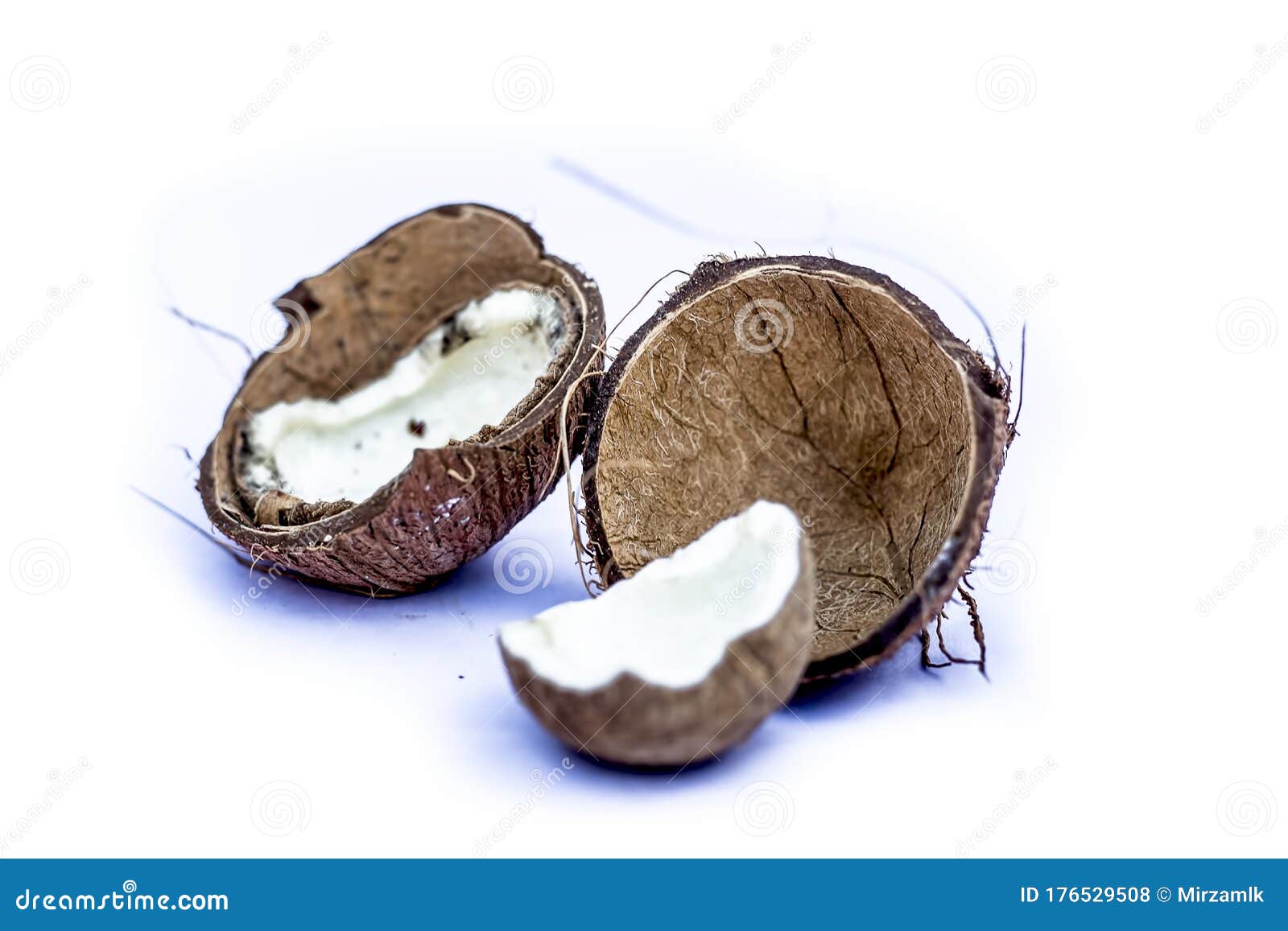 Two Cut or Sliced Dried Coconuts Isolated on White with Dry Flash in it ...