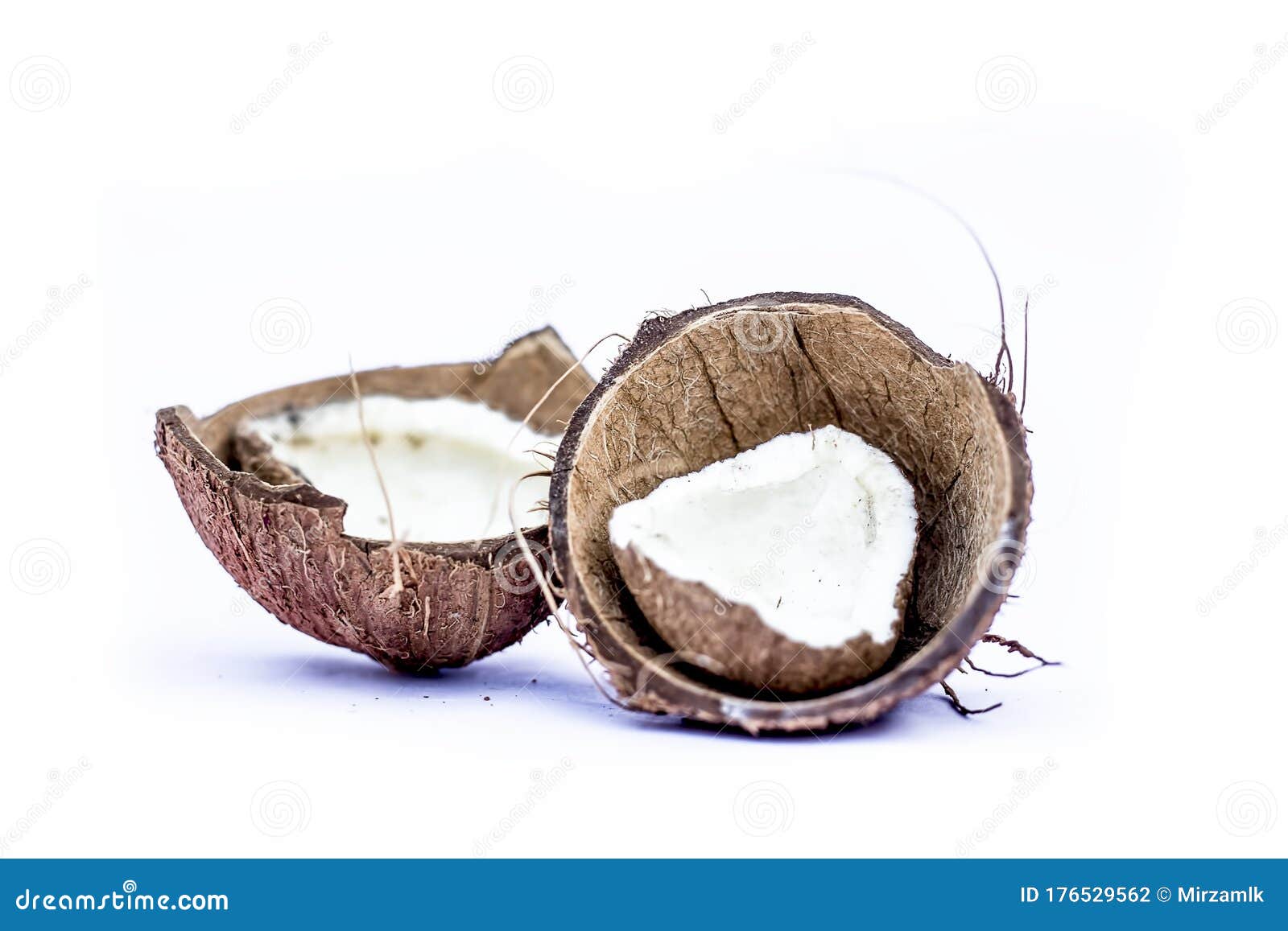 Two Cut or Sliced Dried Coconuts Isolated on White with Dry Flash in it ...