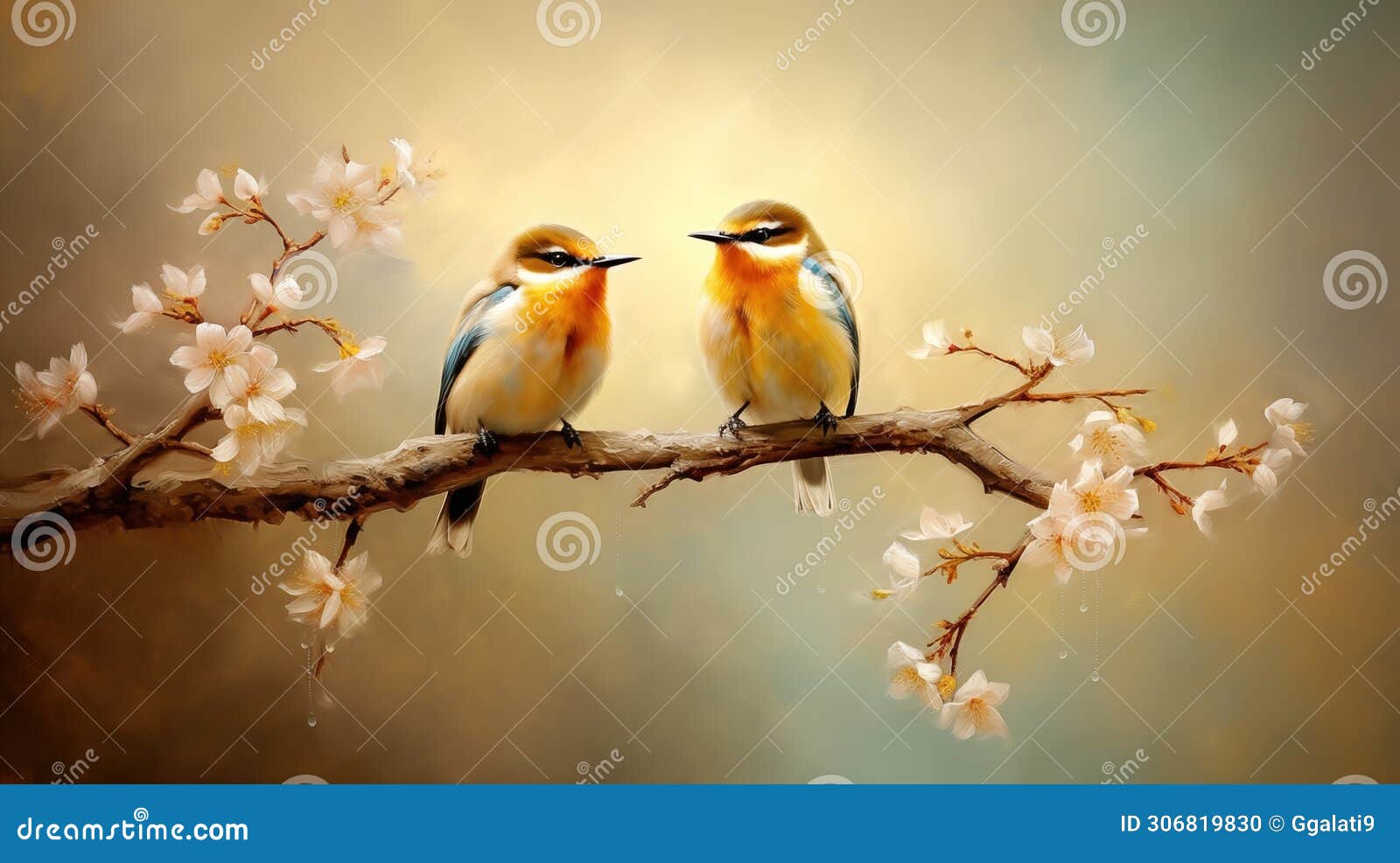 Two Cute Birds in Love Sitting on a Cherry Tree Stock Illustration ...