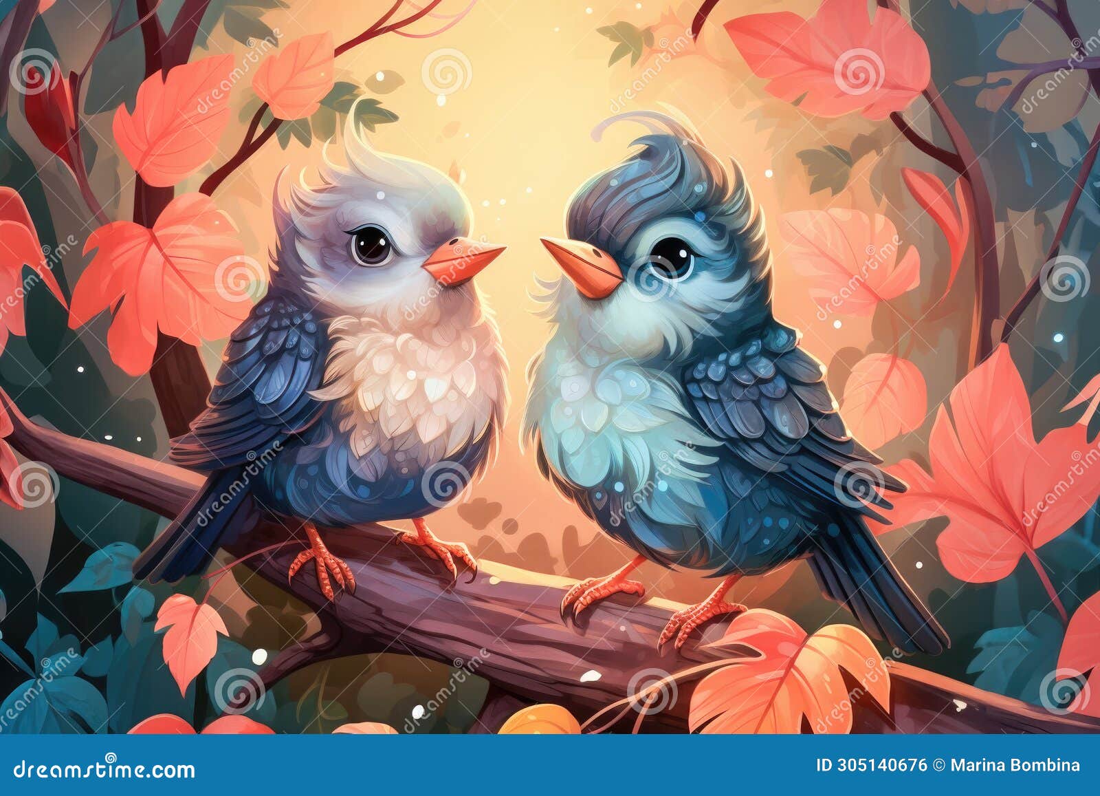 Two cute birds on the tree stock illustration. Illustration of holiday ...