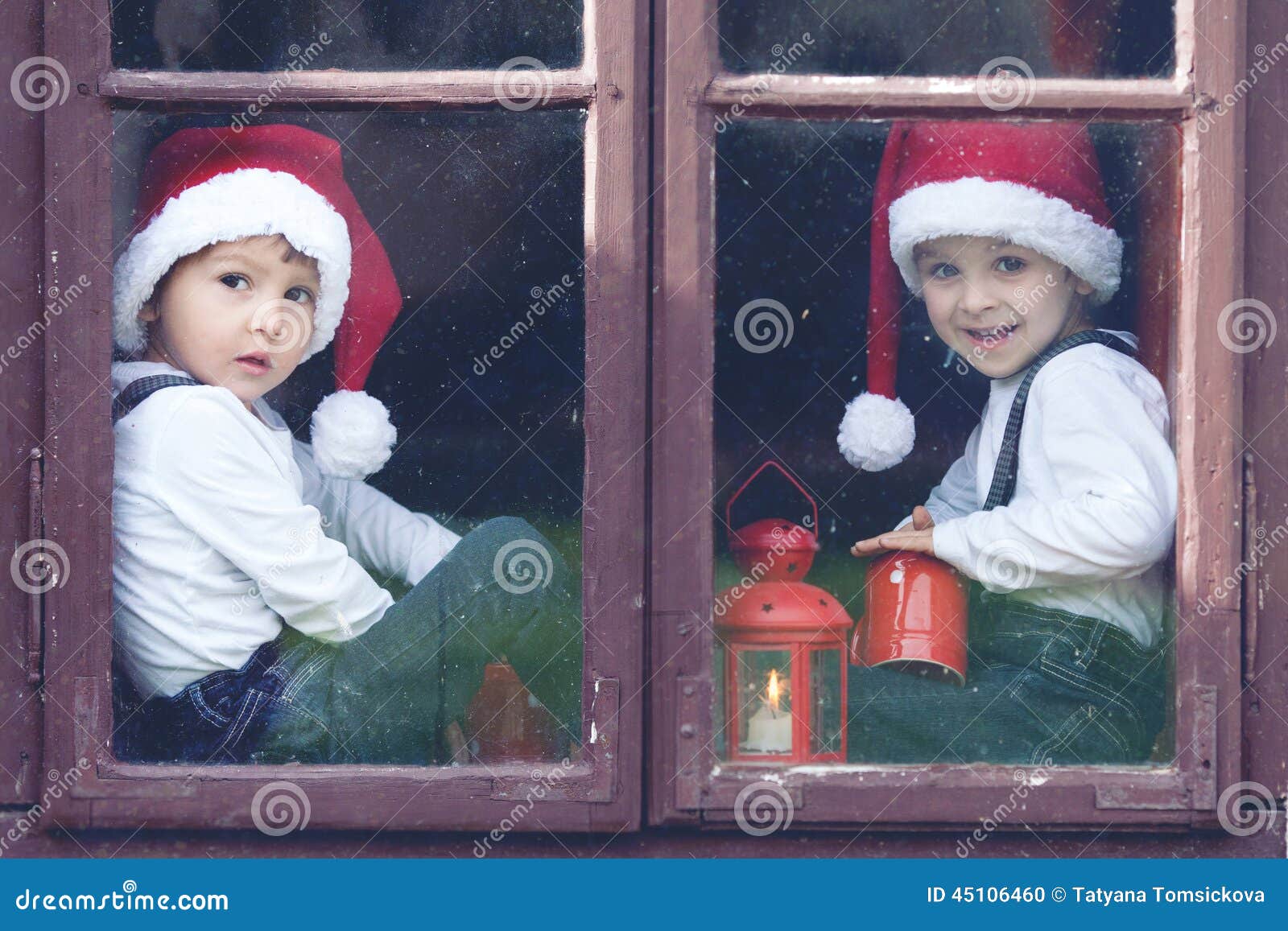 Two Cute Boys, Looking through a Window, Waiting for Santa Stock Photo ...
