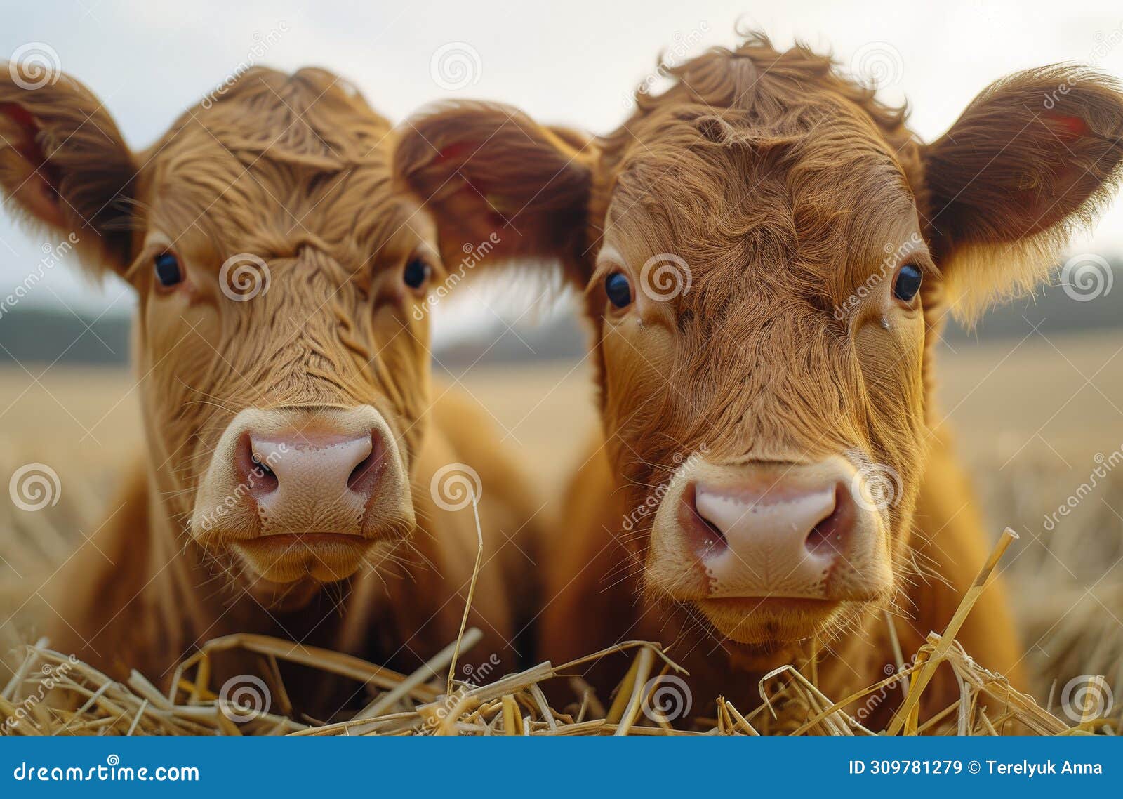 Two Cute Brown Cows are Sitting on Haystack in Field Stock Image ...