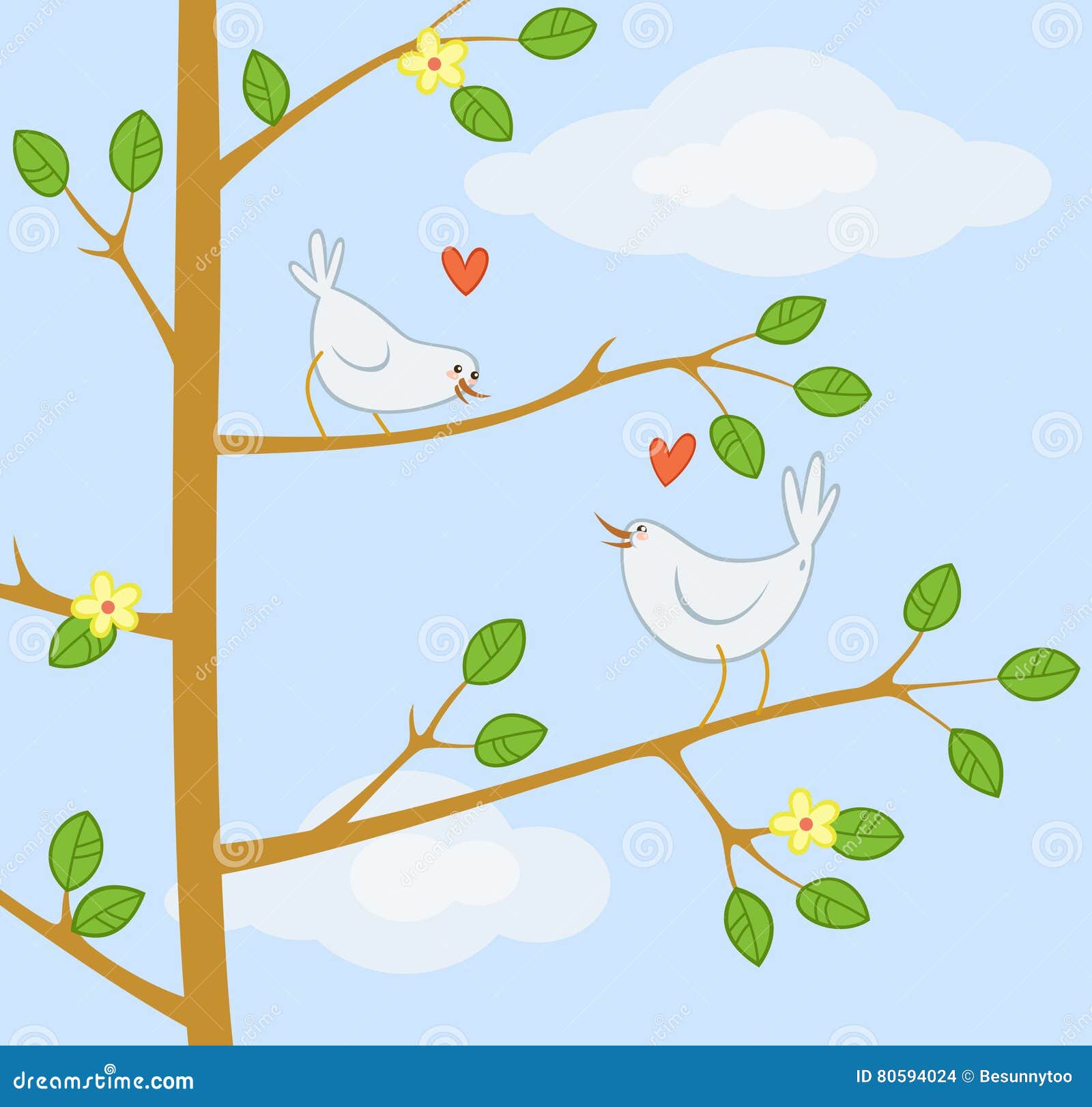 Two Cute Cartoon Birds on the Tree Stock Vector - Illustration of cloud ...