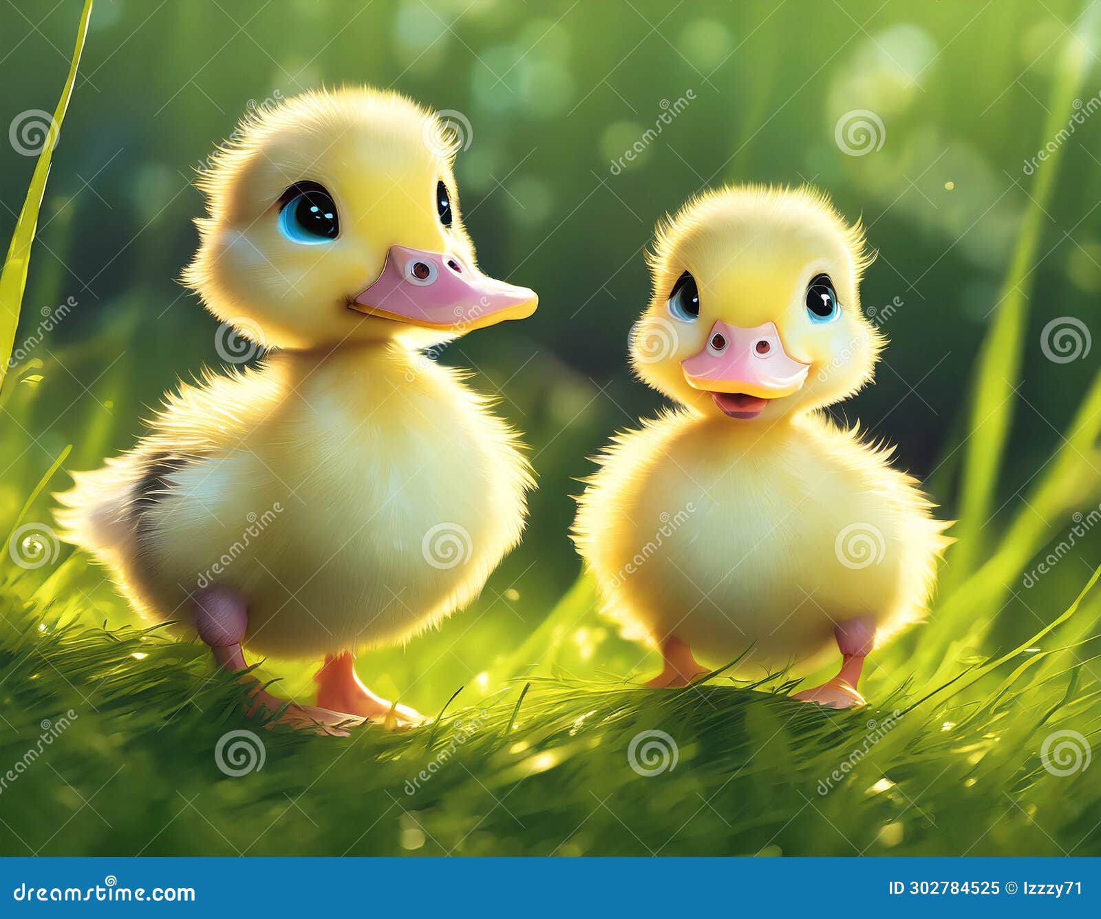 Two Cute Cartoon Ducklings in the Grass Stock Illustration ...