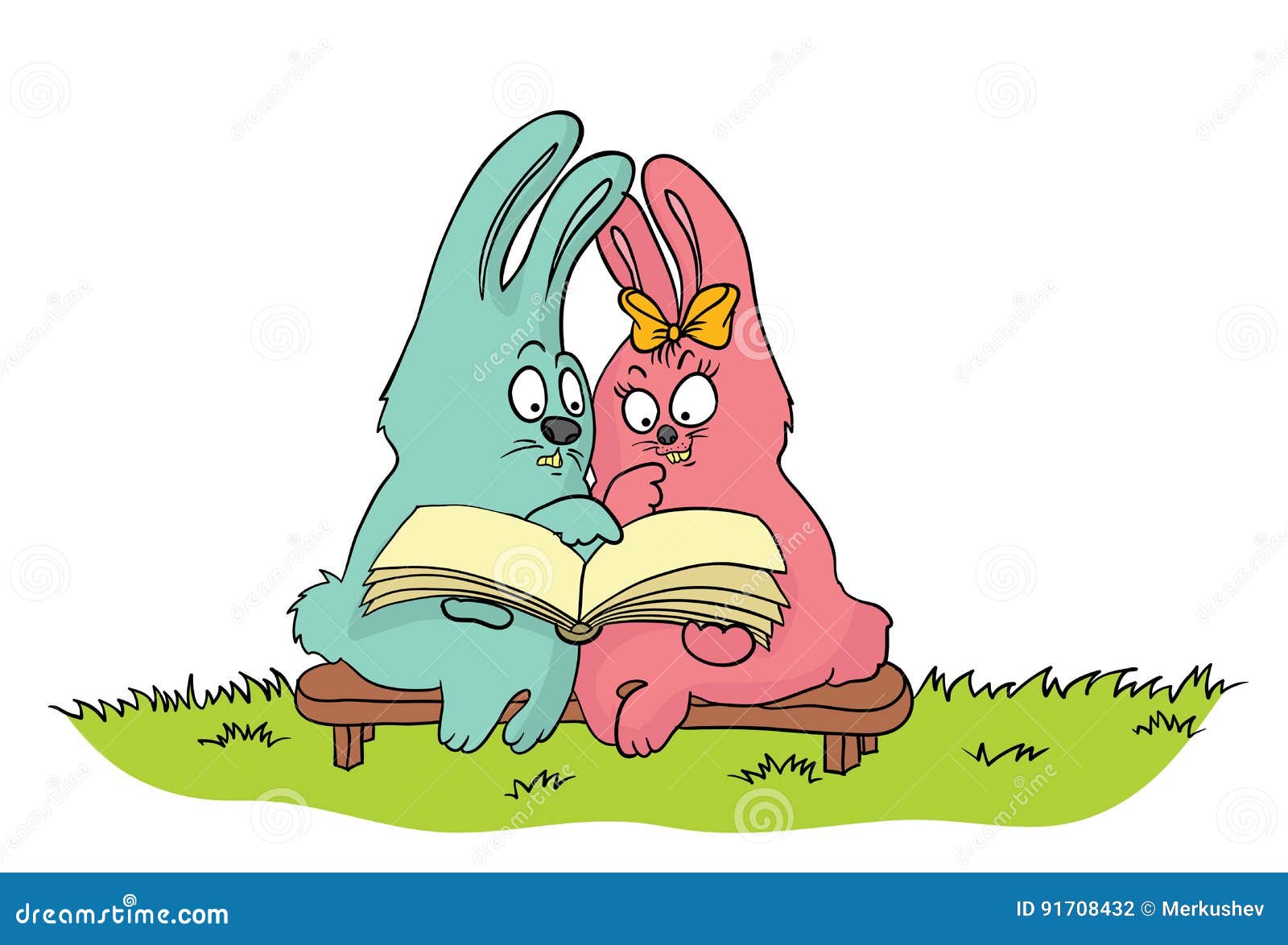 Two Cute Cartoon Rabbit Sitting And Reading A Book. Vector Illustration ...