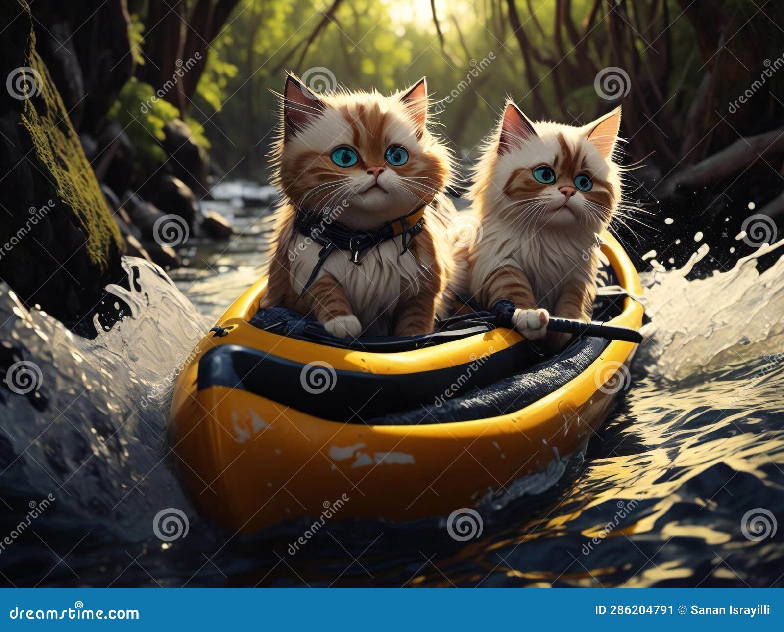 Two Cute Cats are Kayaking in the River. a Cat is Sitting on a Kayak ...
