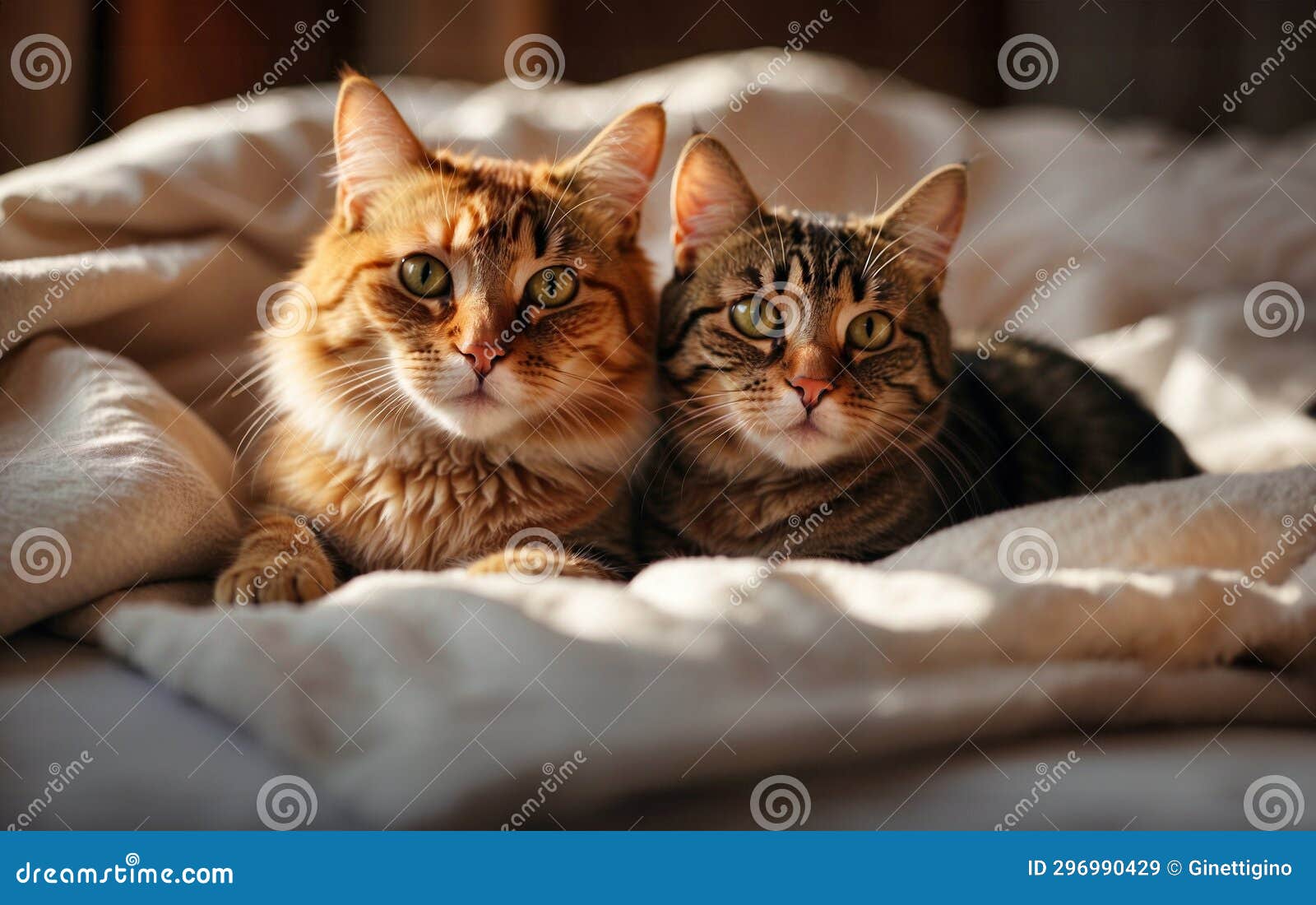 Two Cute Cats Wrapped in a Blanket on the Bed Cuddling Stock ...