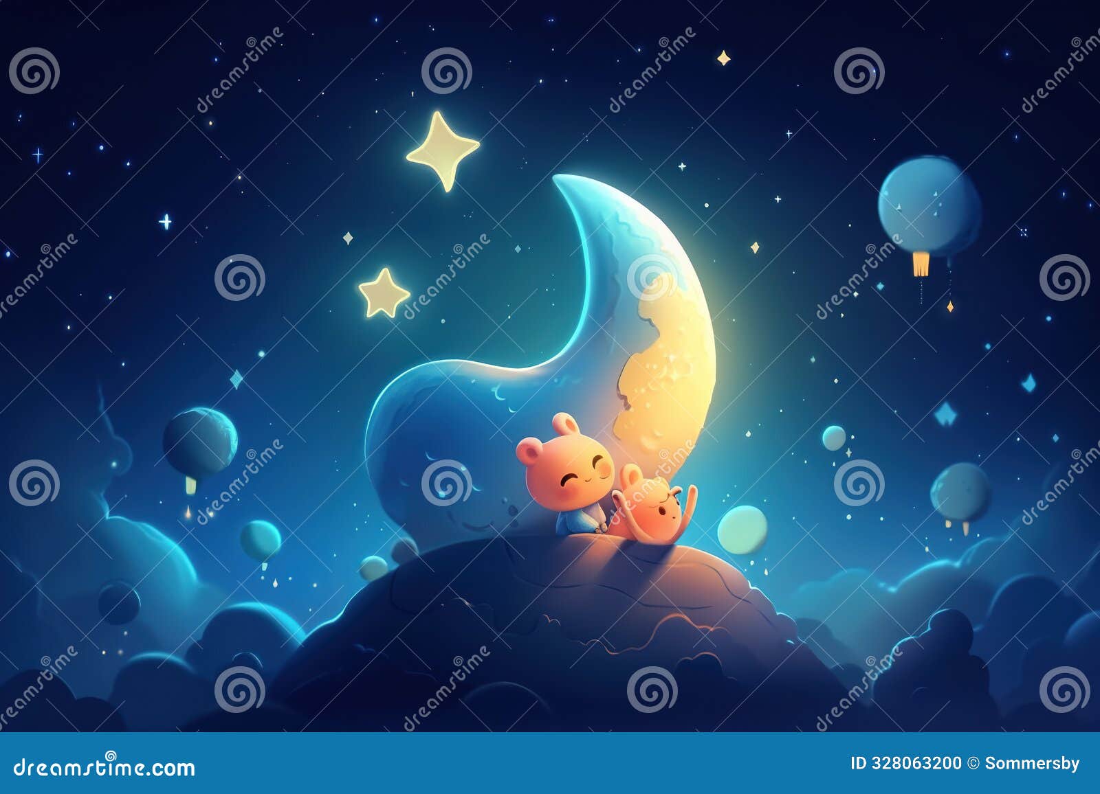 Two Cute Creatures Sit in the Clouds Under the Moon in Dreams and are ...