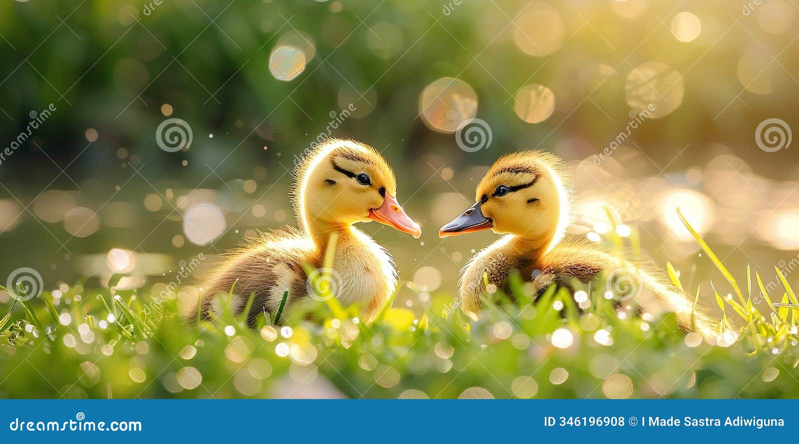 Two Cute Ducklings Facing Each Other in the Grass with a Blurred Green ...