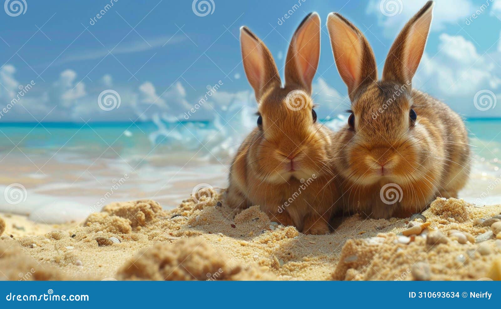 Two Cute Easter Bunnies on Vacation by Beach Coast Stock Photo - Image ...