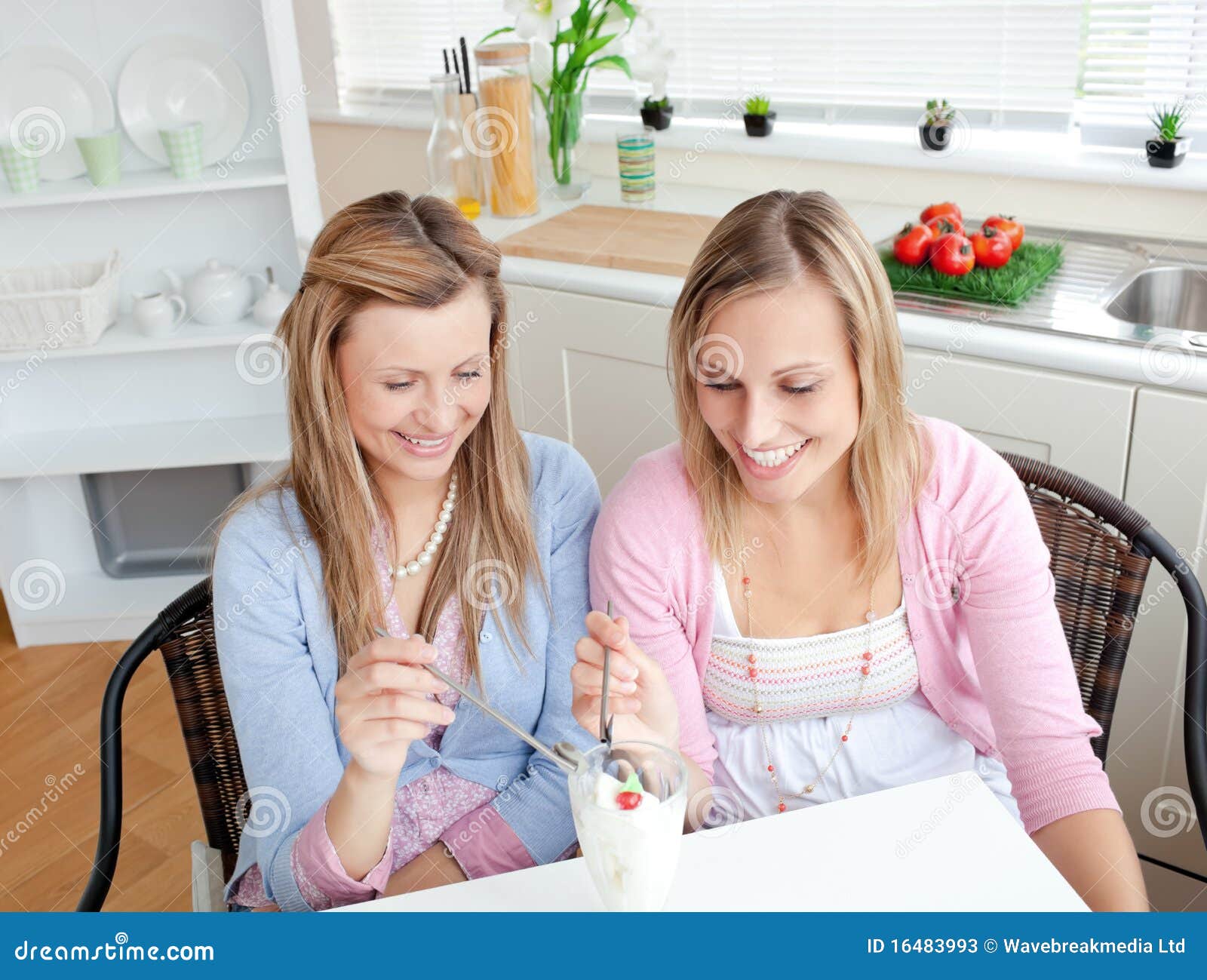 Two Cute Friends Eating an Ice-cream Together Stock Image - Image of ...
