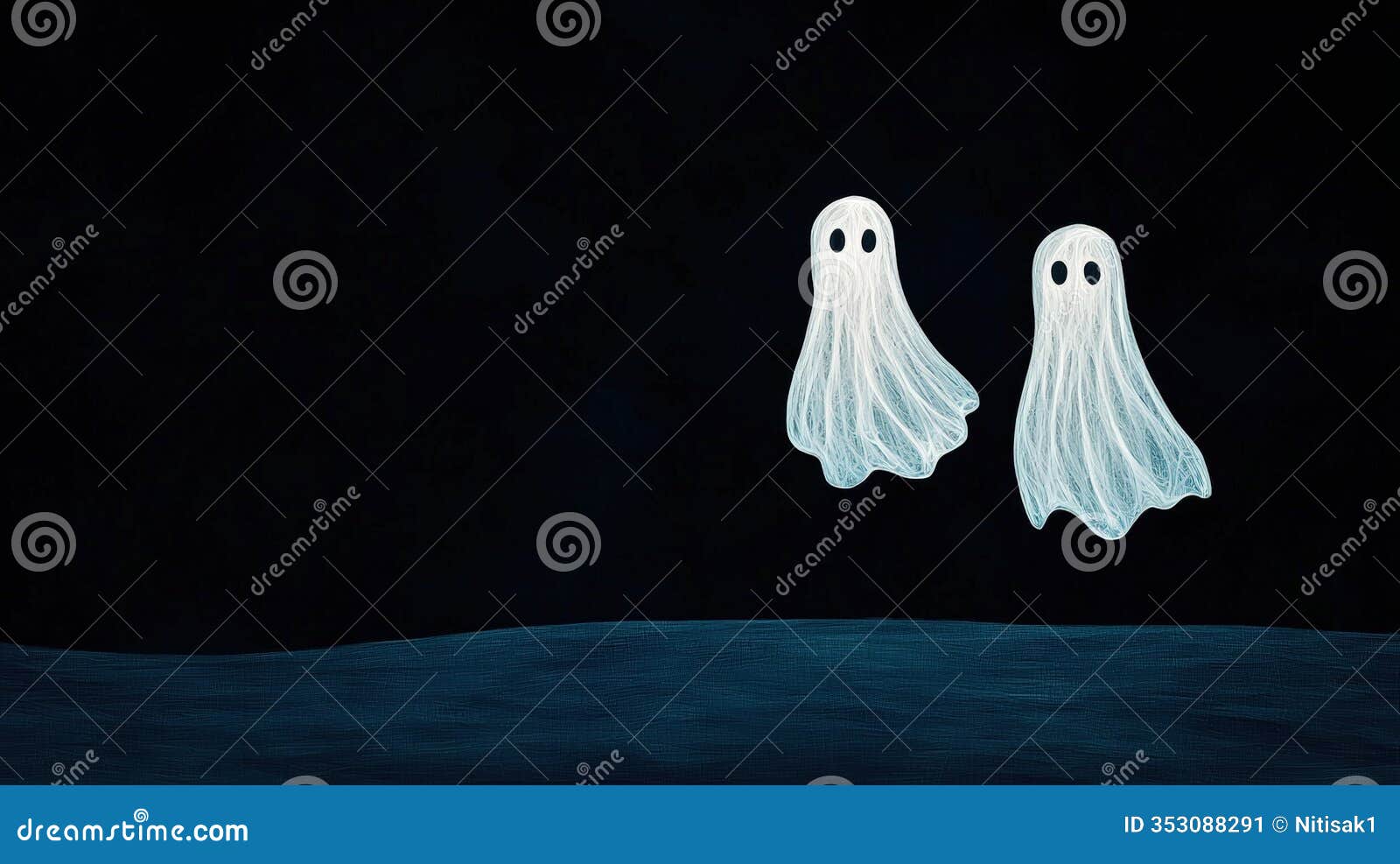 Two Cute Ghost Figures Floating in a Dark Mysterious Environment Stock ...