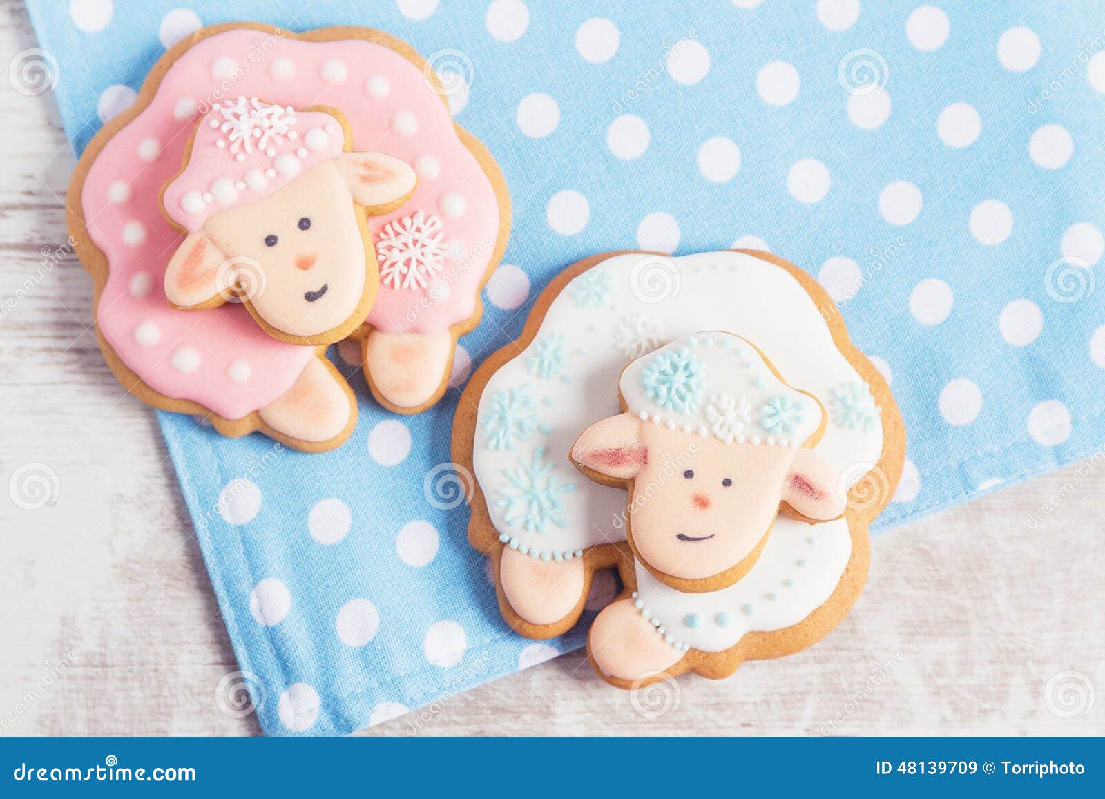 Two Cute Gingerbread Sheep on Blue Polka Dot Background Stock Image ...