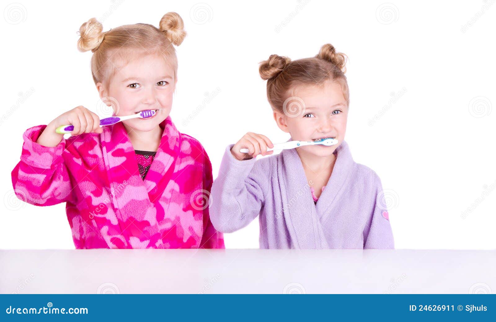 Two Cute Girls Brushing Teeth Stock Image - Image of background, dental ...
