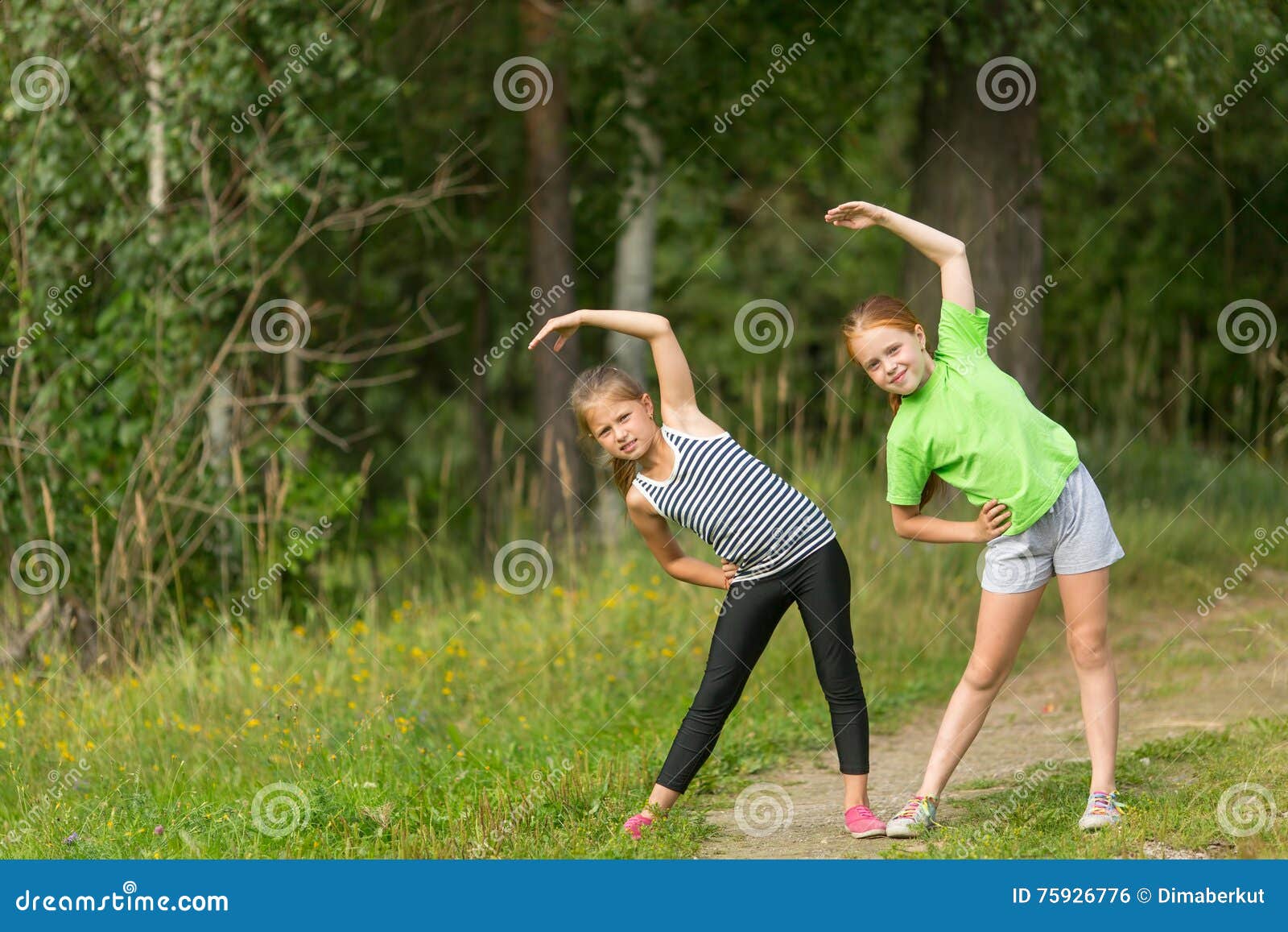 Two Cute Girls Doing Exercises Workout Stock Photo - Image of caucasian ...