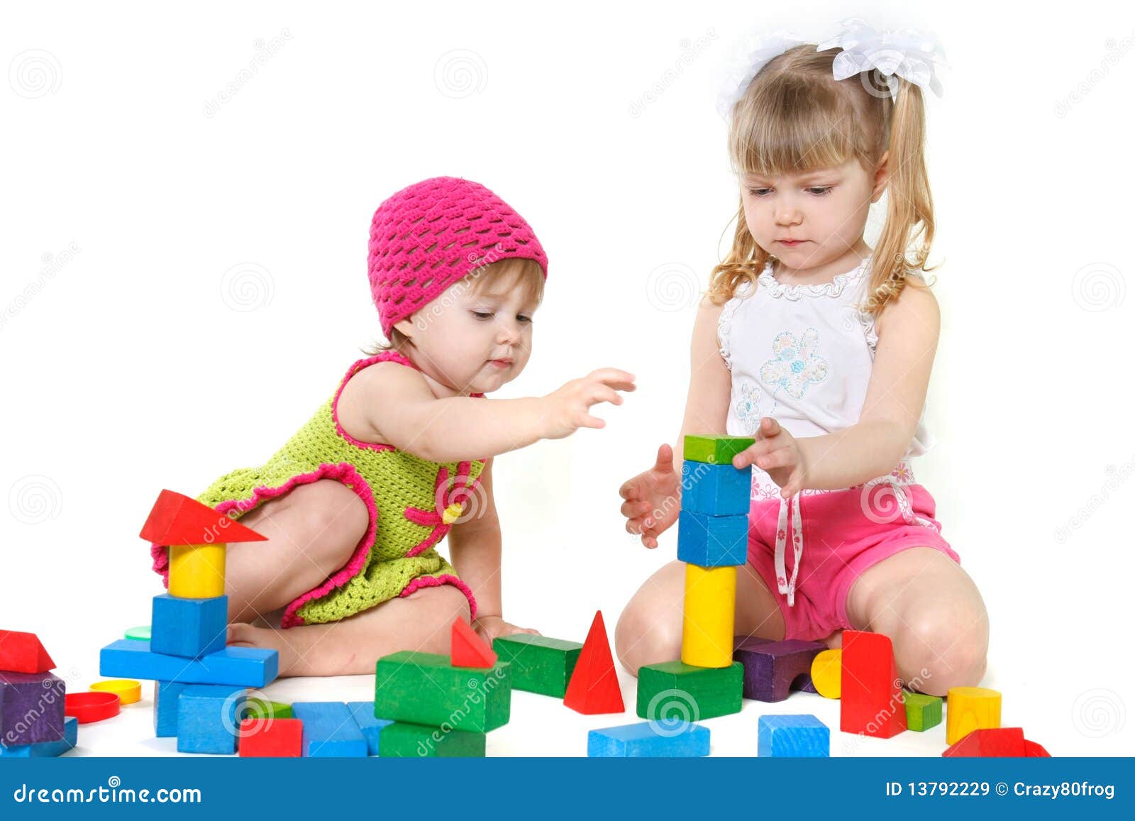 Two Cute Girls Playing with Building Blocks Stock Image - Image of look ...
