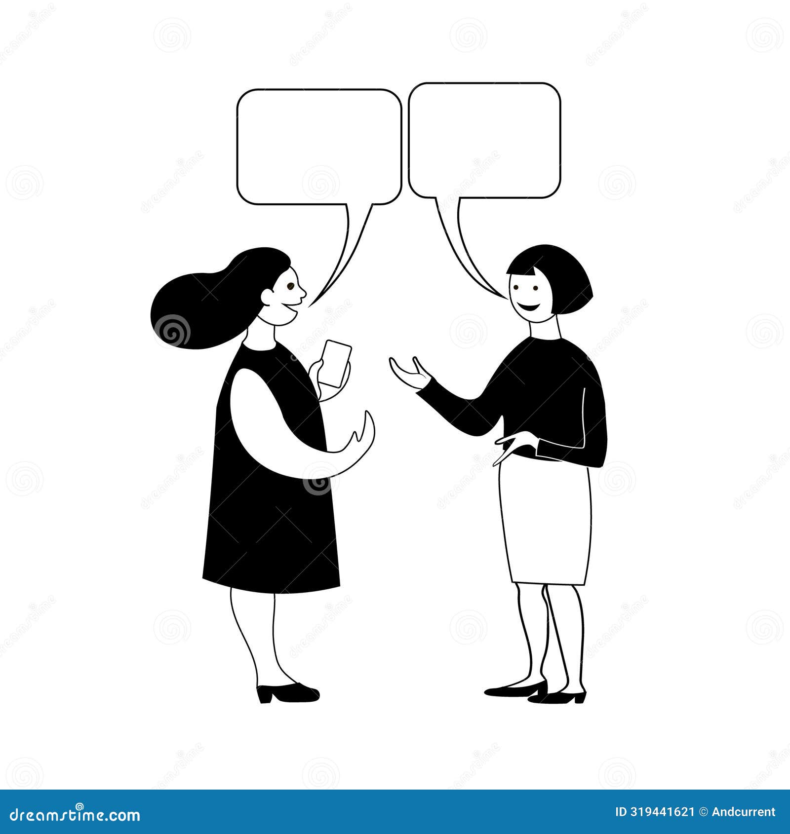 Two Cute Girls Talking. Black and White Vector Illustration. Stock ...