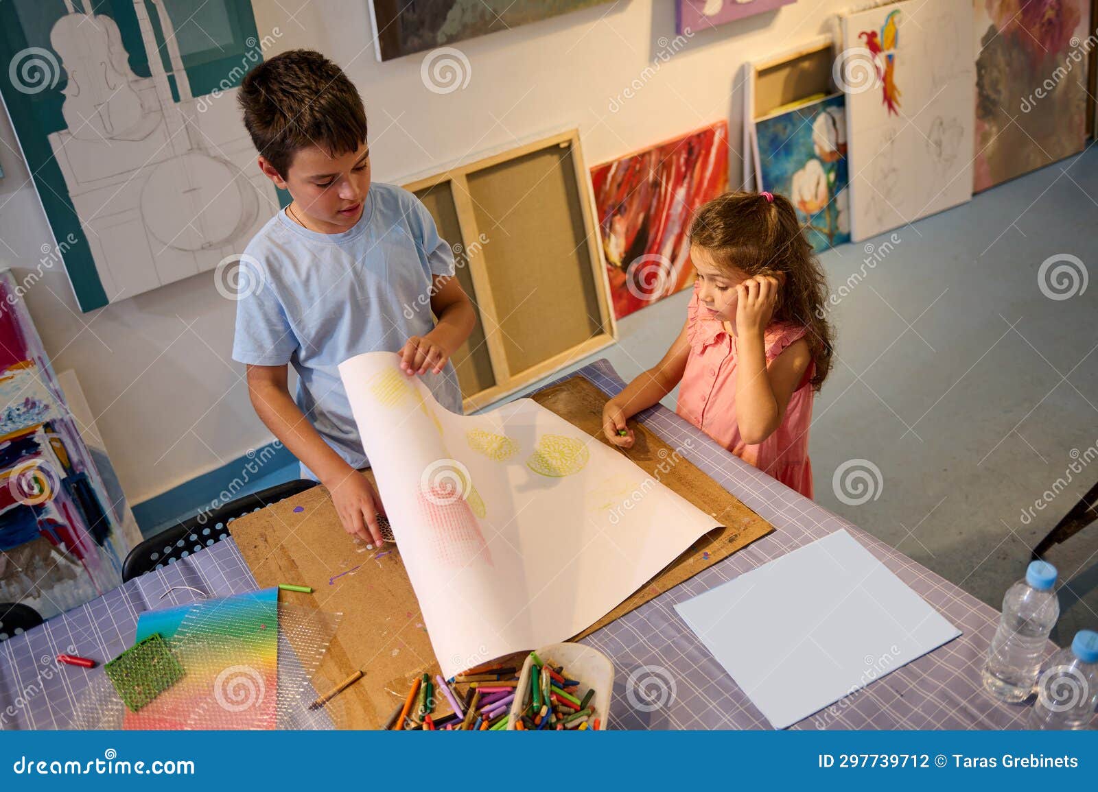 Two Cute Kids Drawing in Creative Art Workshop. Development of Artistic ...