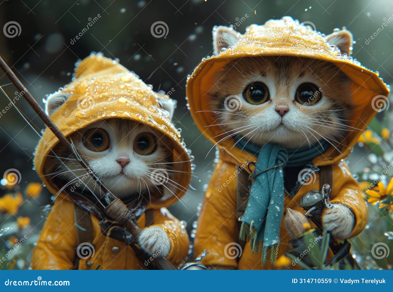 Two Cute Kittens in Raincoats and Hood are Walking in the Rain. Stock ...