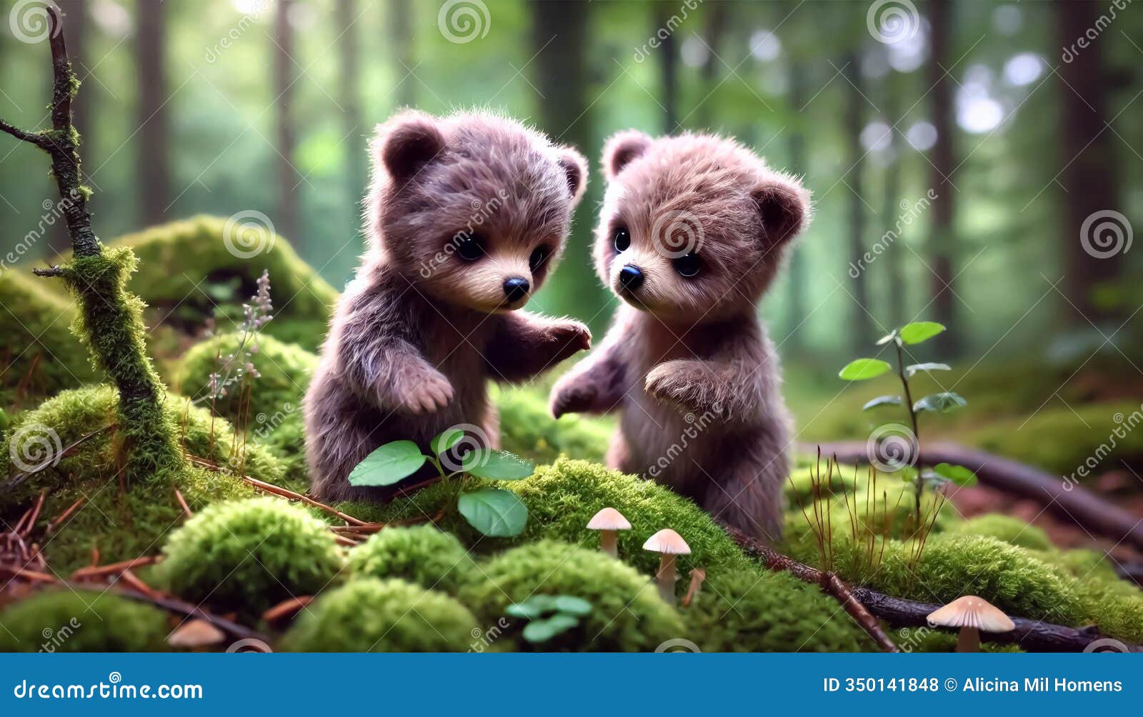 Two Cute Little Bears Play in Mossy Forest Stock Illustration - Illustration of forest, wild ...