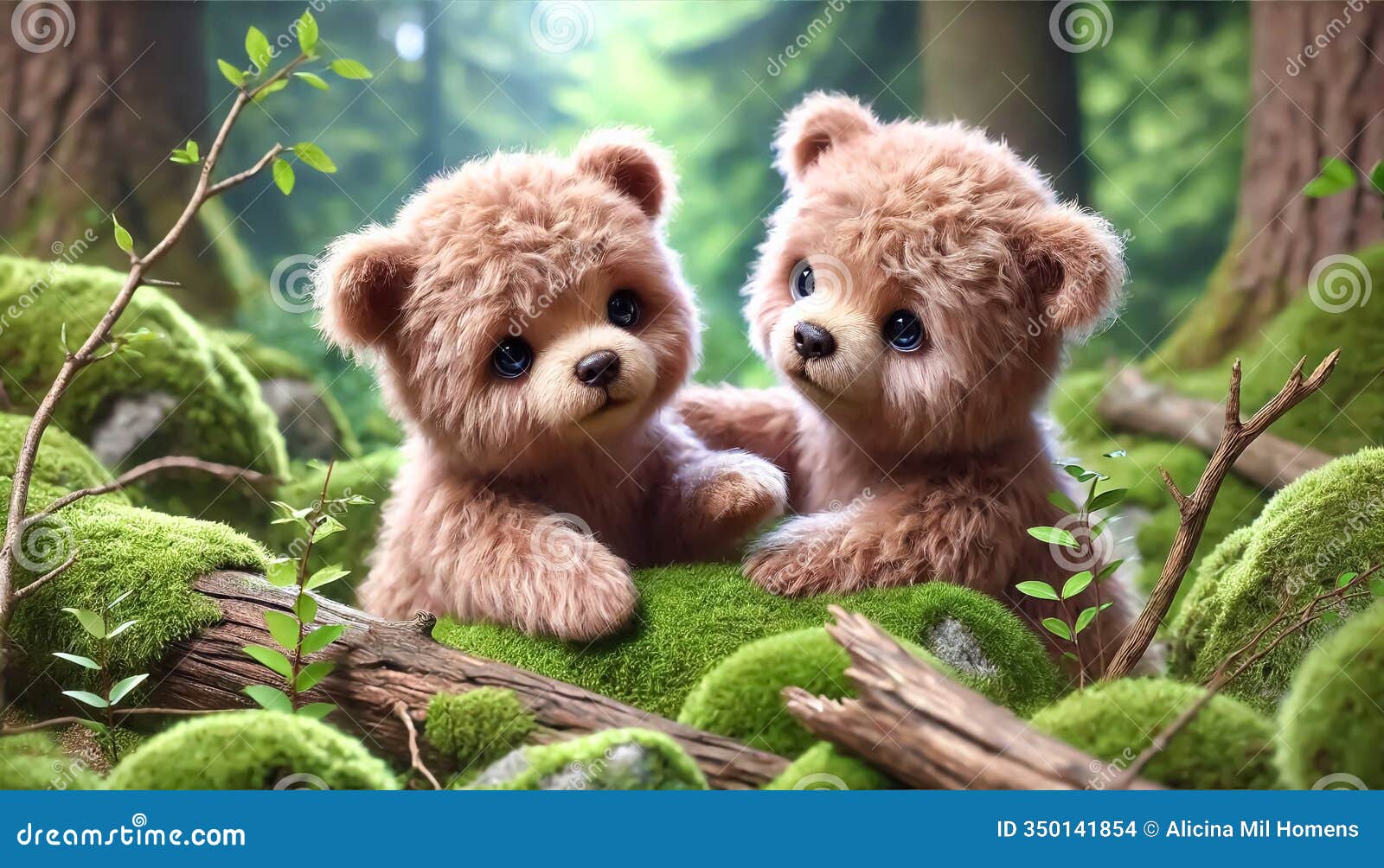 Two Cute Little Bears Play in Mossy Forest Stock Illustration - Illustration of play, bear ...