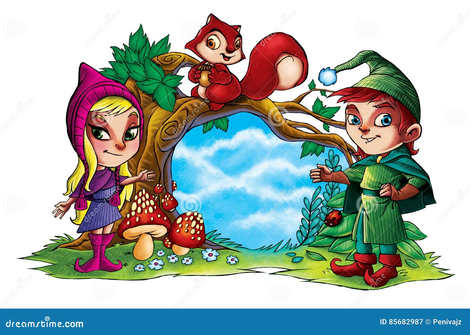 Two Cute Little Forest Elves with Squirrel Stock Illustration ...