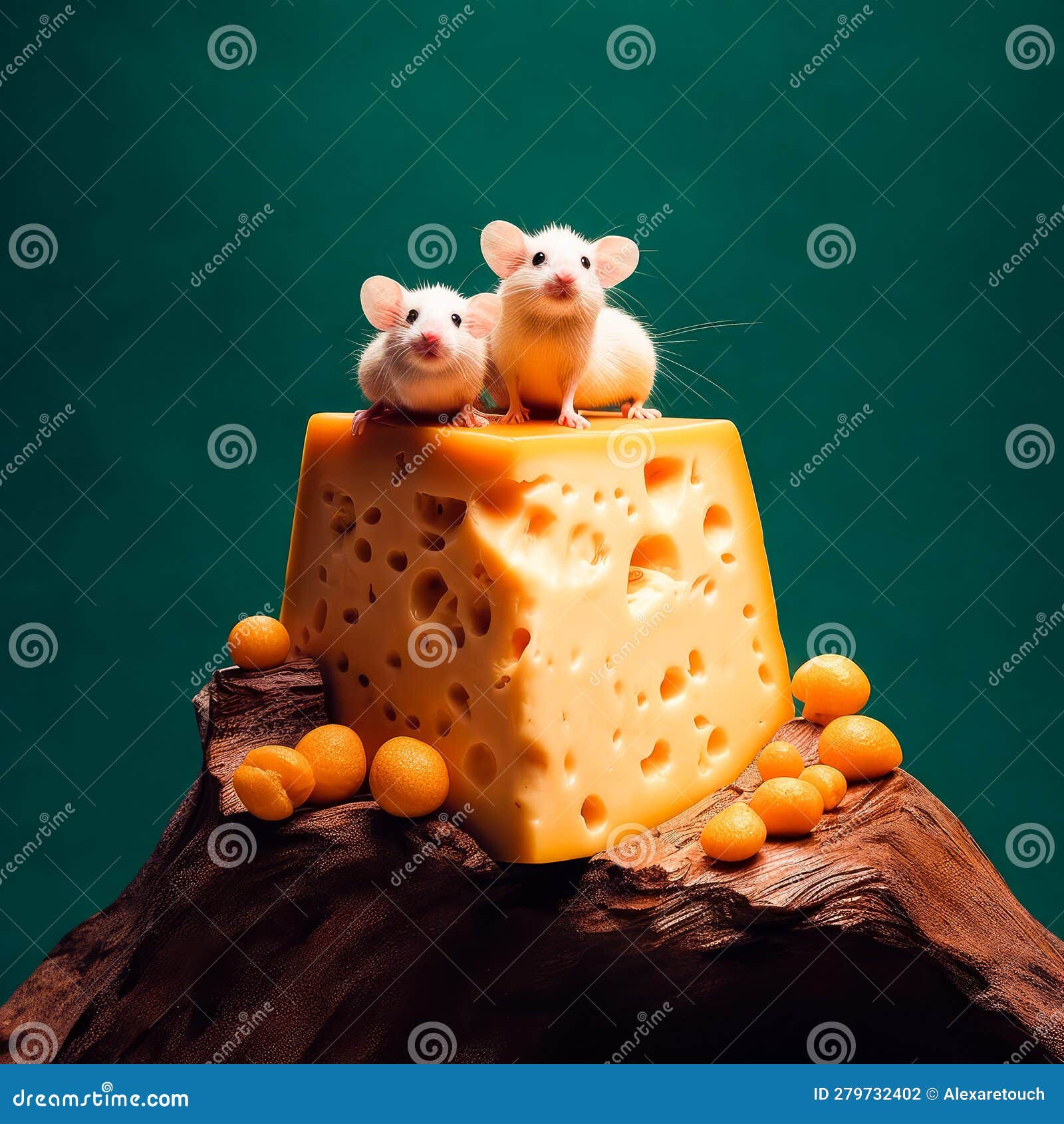 Two Cute Mice Sit on a Big Piece of Cheese on the Table Stock ...