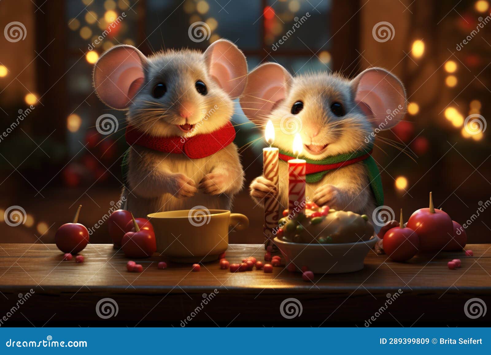 Two Cute Mouses are Having Christmas Dinner. Seasons Greetings Stock ...