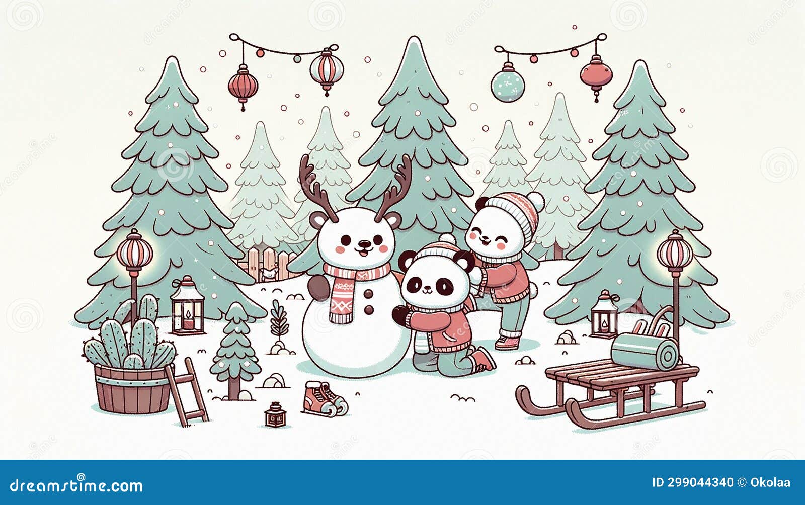 Two Cute Panda Bear Friends Making a Snowman in Forest Stock ...