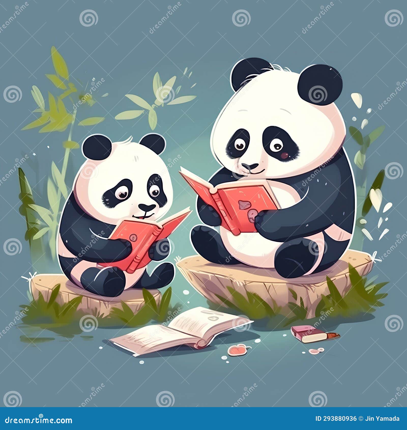 Two Cute Panda Reading a Book in the Park. Vector Illustration Stock ...