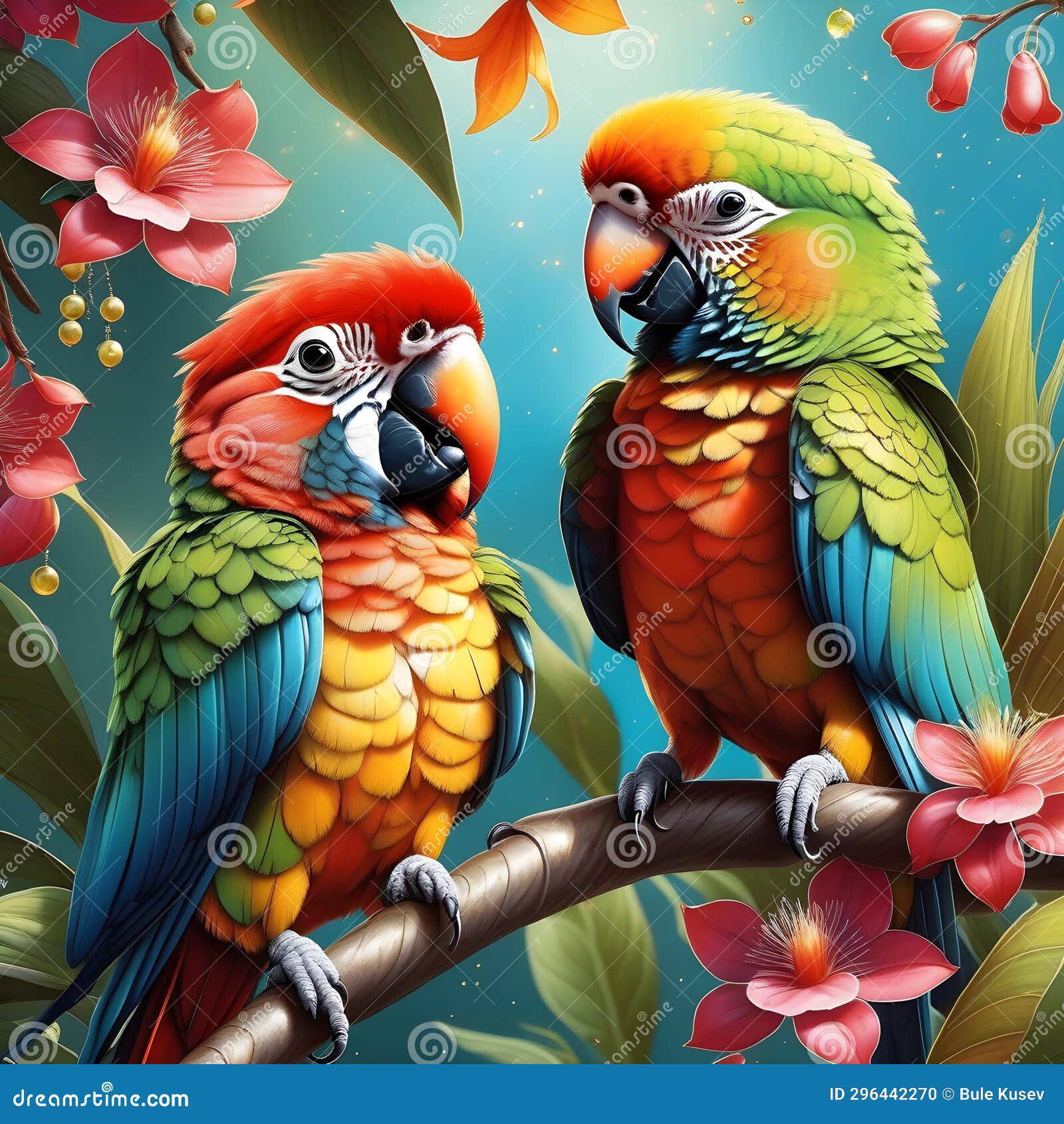 The Two Cute Parrots are at the Top of the Tree, Stock Illustration ...