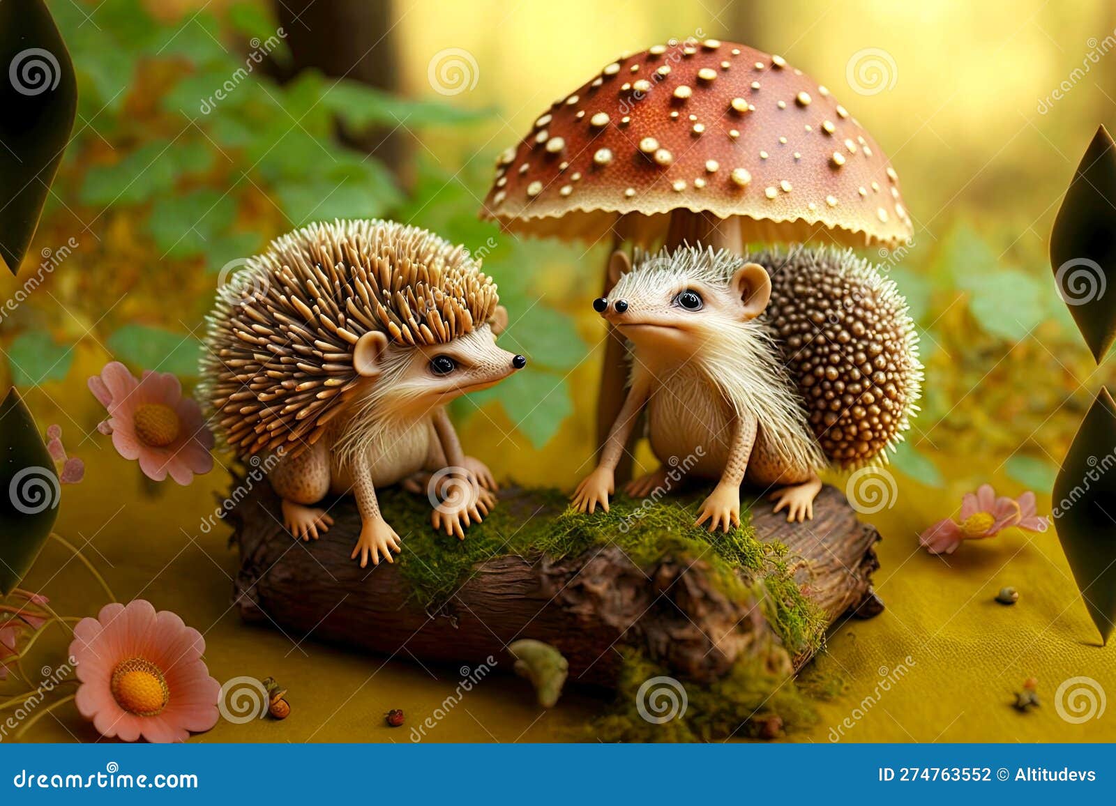 Two Cute Plasticine Hedgehogs Sit on Log Under Mushroom Stock Photo ...